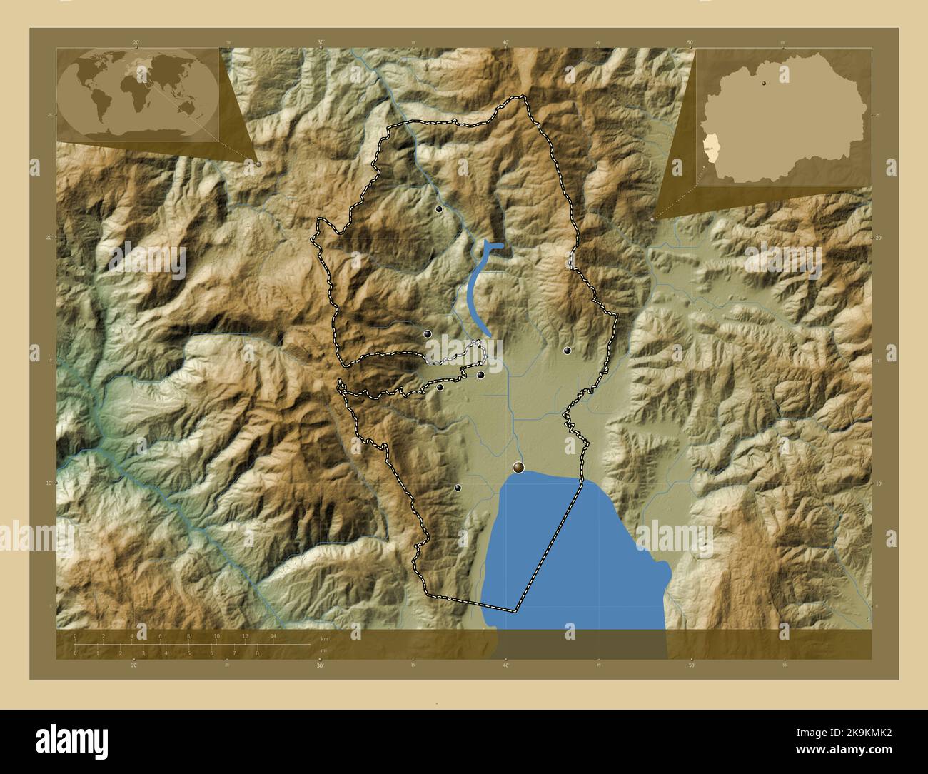 Struga, municipality of Macedonia. Colored elevation map with lakes and rivers. Locations of ...