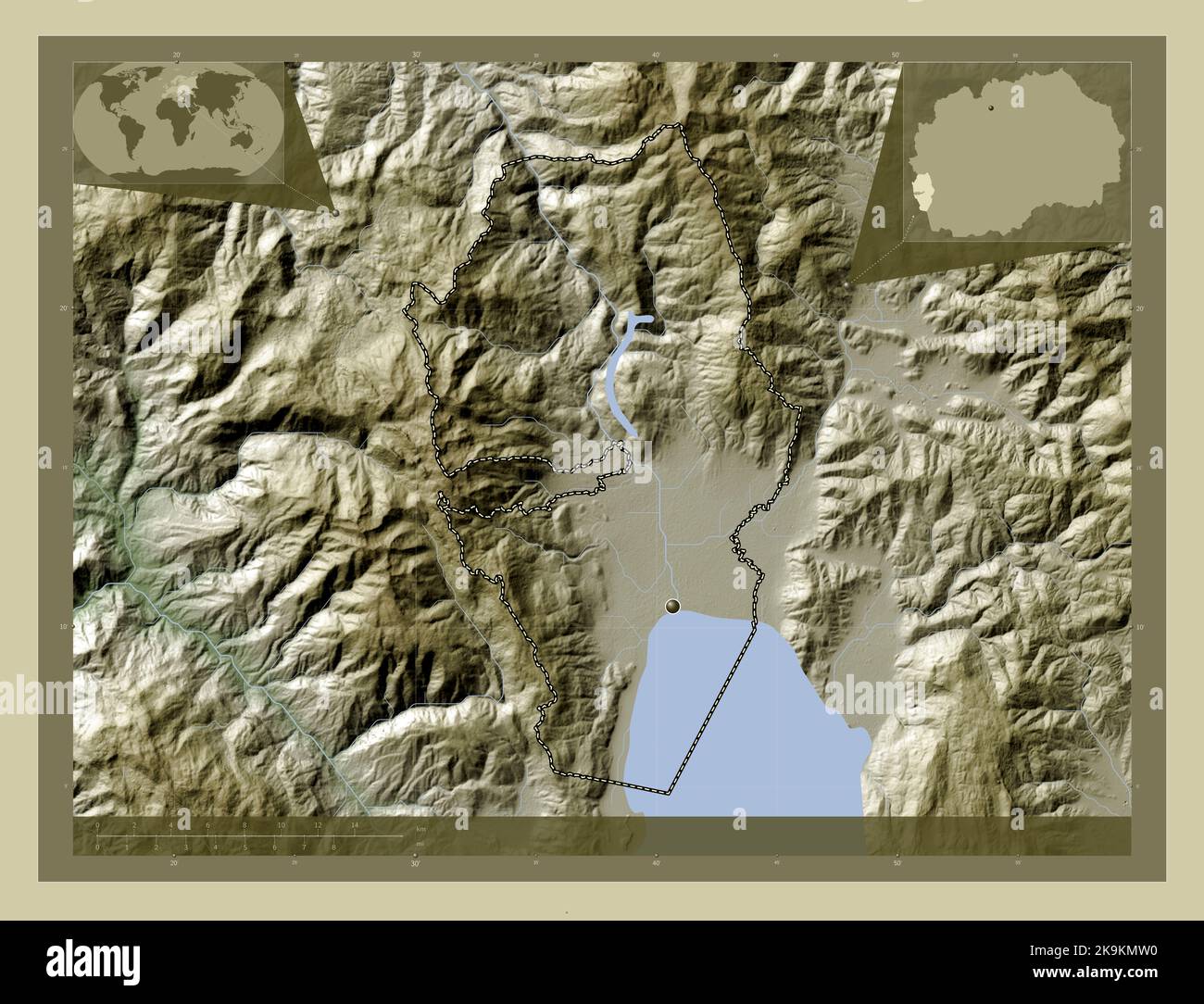 Struga, municipality of Macedonia. Elevation map colored in wiki style with lakes and rivers ...
