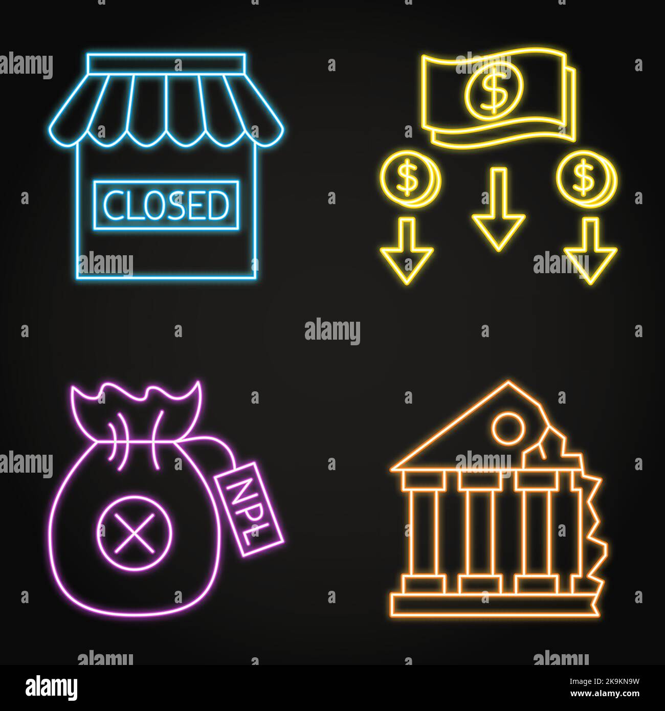 Economic crisis neon icon set in line style. Financial crash, recession ...