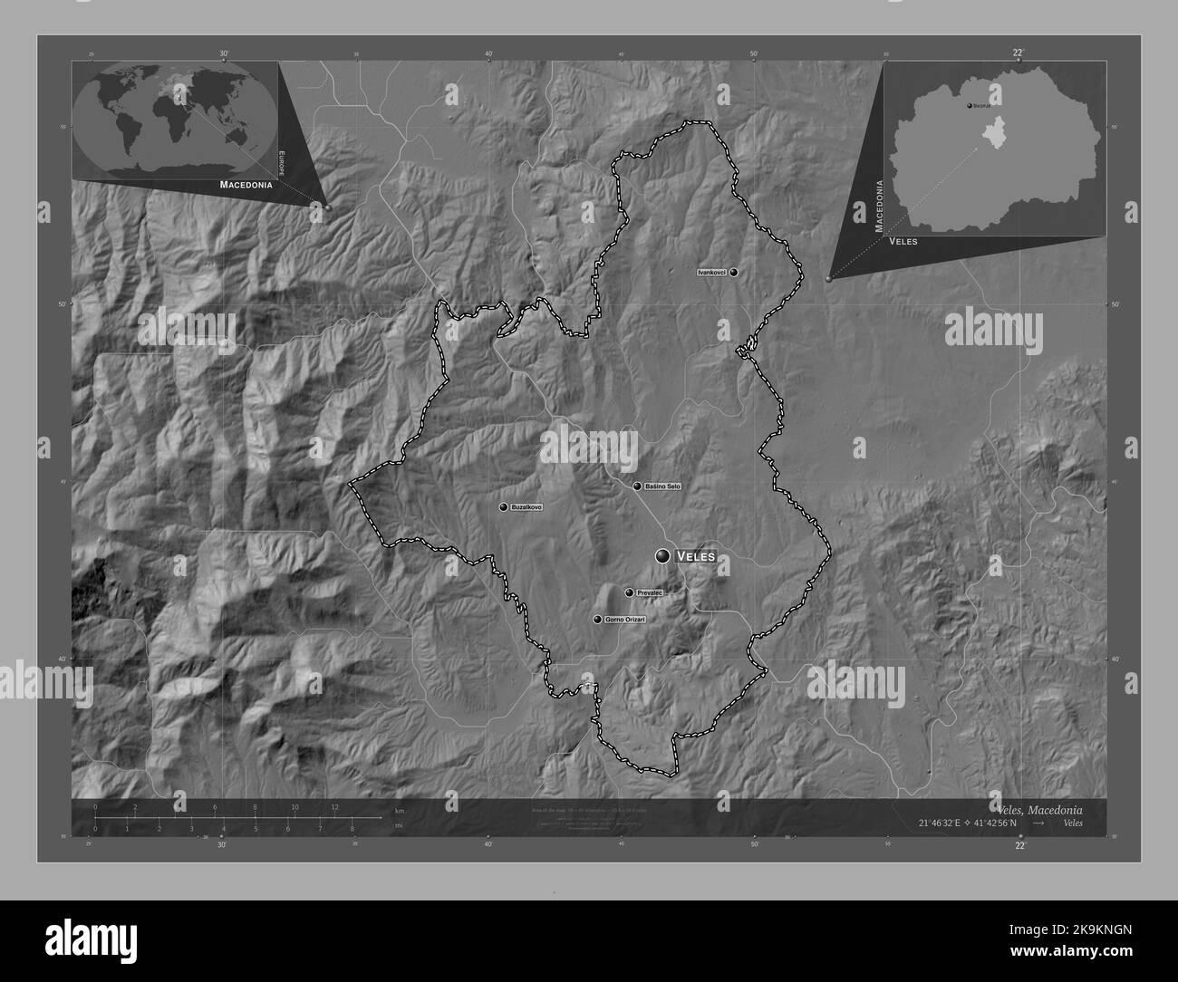 Veles, municipality of Macedonia. Bilevel elevation map with lakes and ...