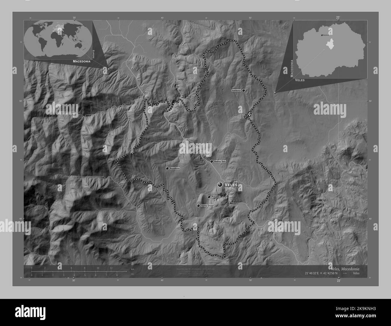 Veles, municipality of Macedonia. Grayscale elevation map with lakes ...