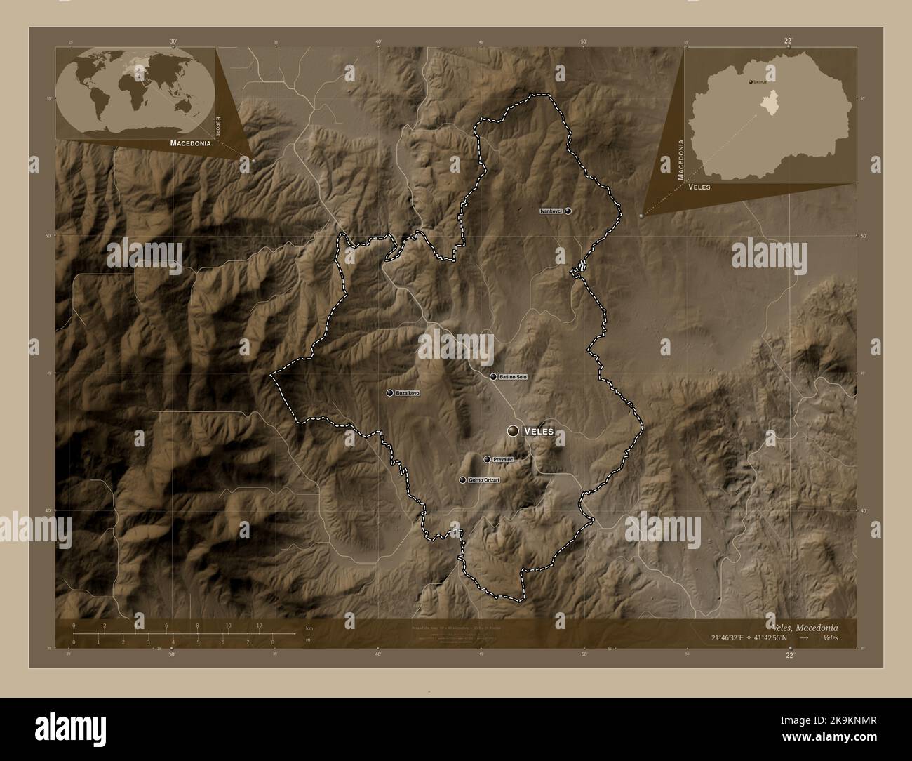 Veles, municipality of Macedonia. Elevation map colored in sepia tones ...