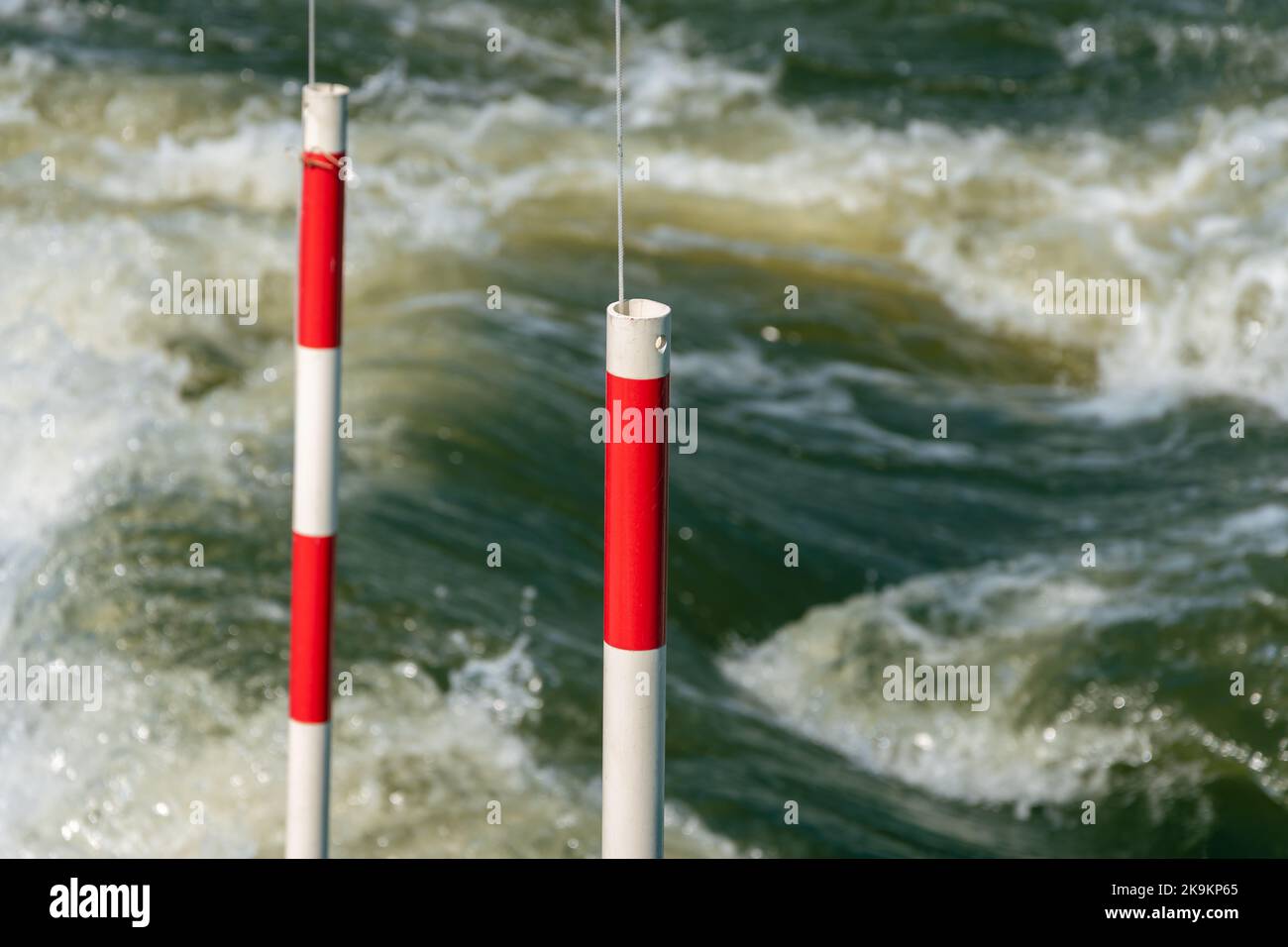 Whitewater canoeing gates on the canoeing track in Krakow, Poland ...