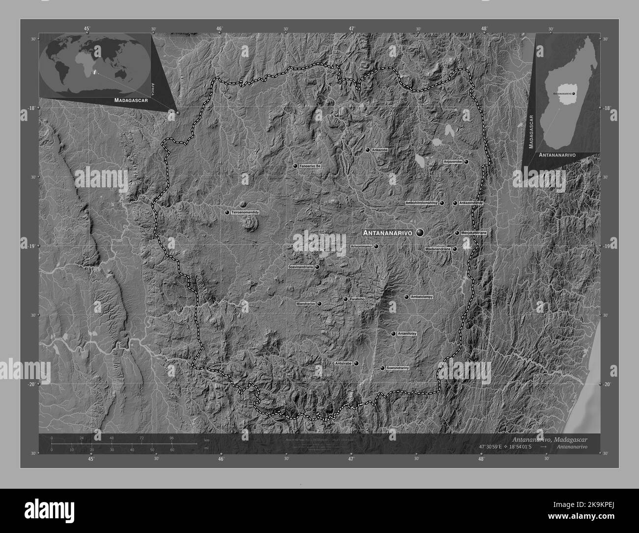 Antananarivo, autonomous province of Madagascar. Bilevel elevation map ...