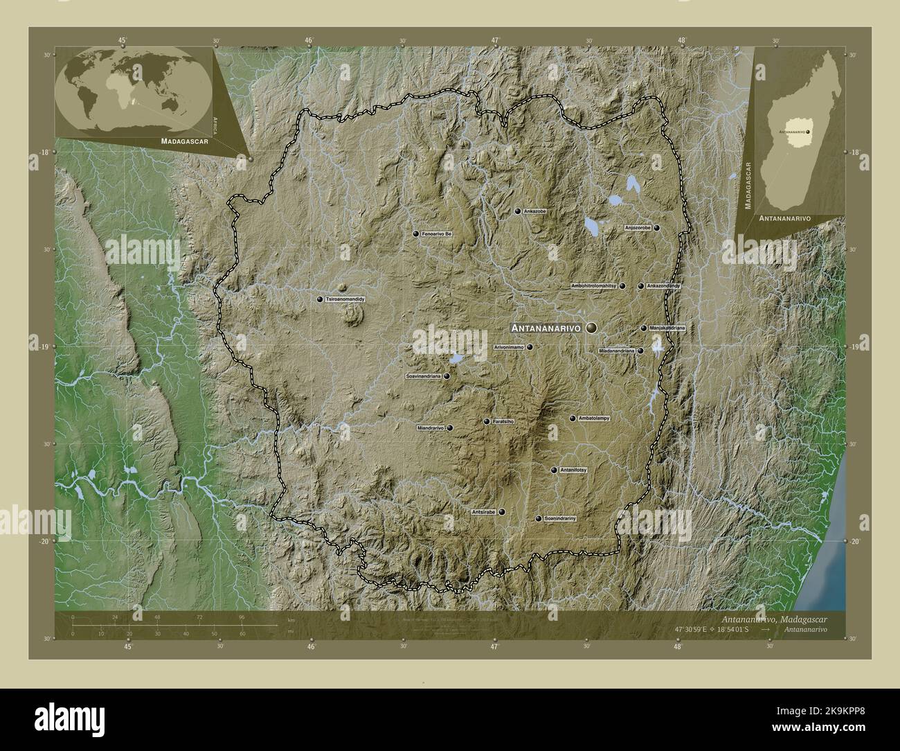 Antananarivo, autonomous province of Madagascar. Elevation map colored ...