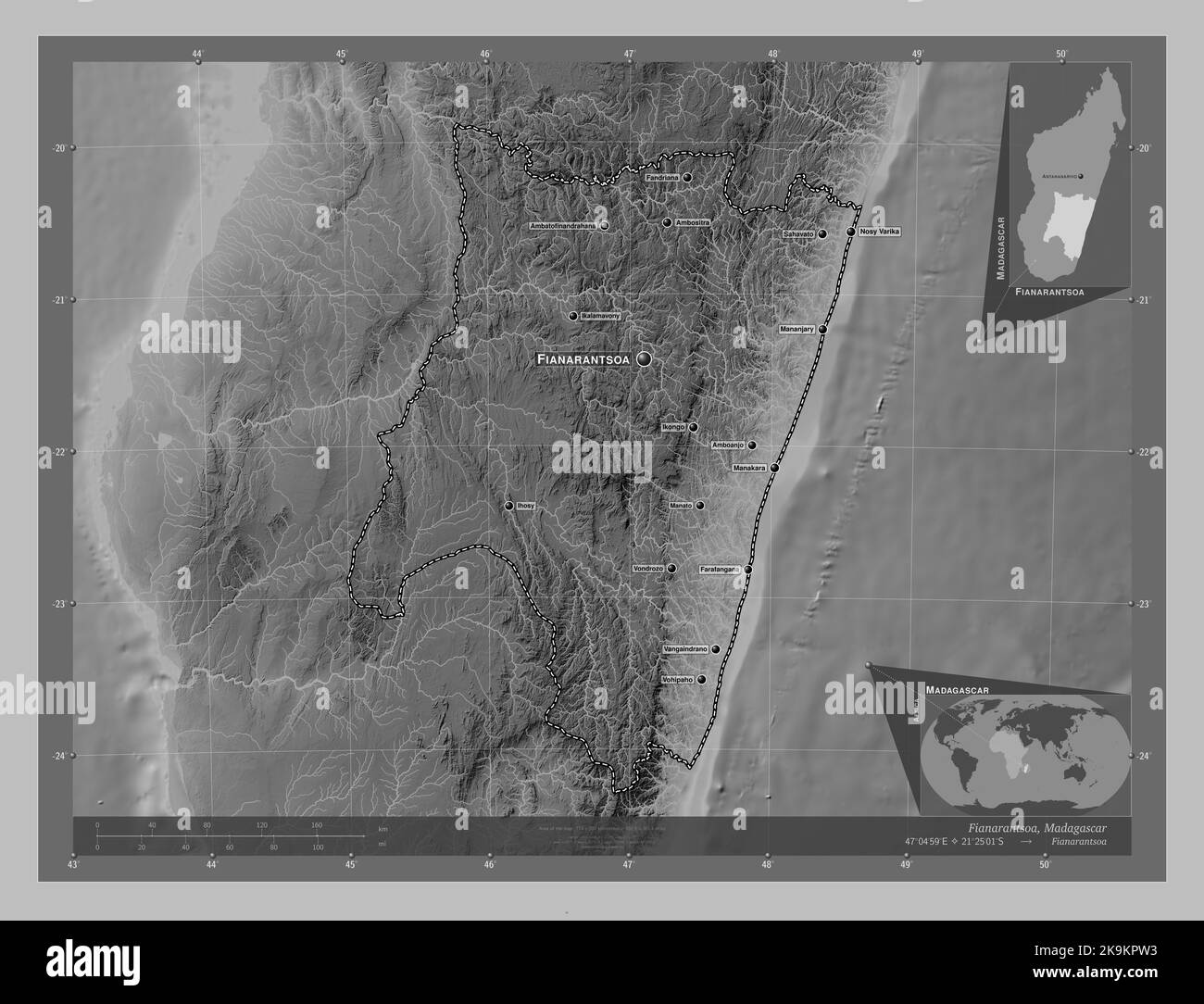 Fianarantsoa, autonomous province of Madagascar. Grayscale elevation ...