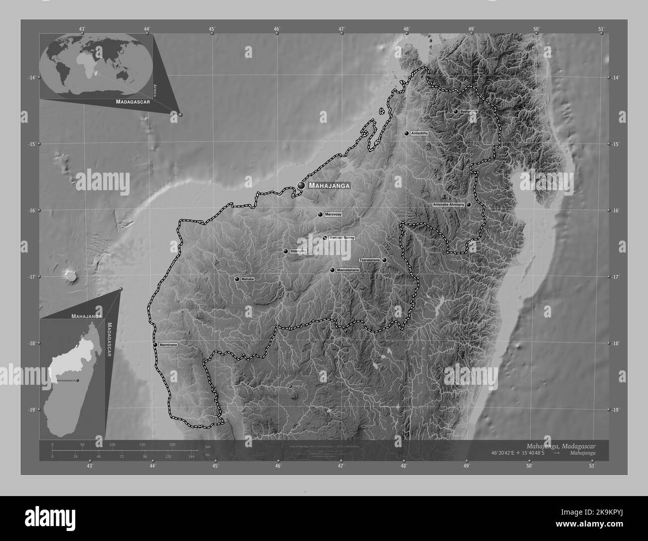 Mahajanga, autonomous province of Madagascar. Grayscale elevation map ...