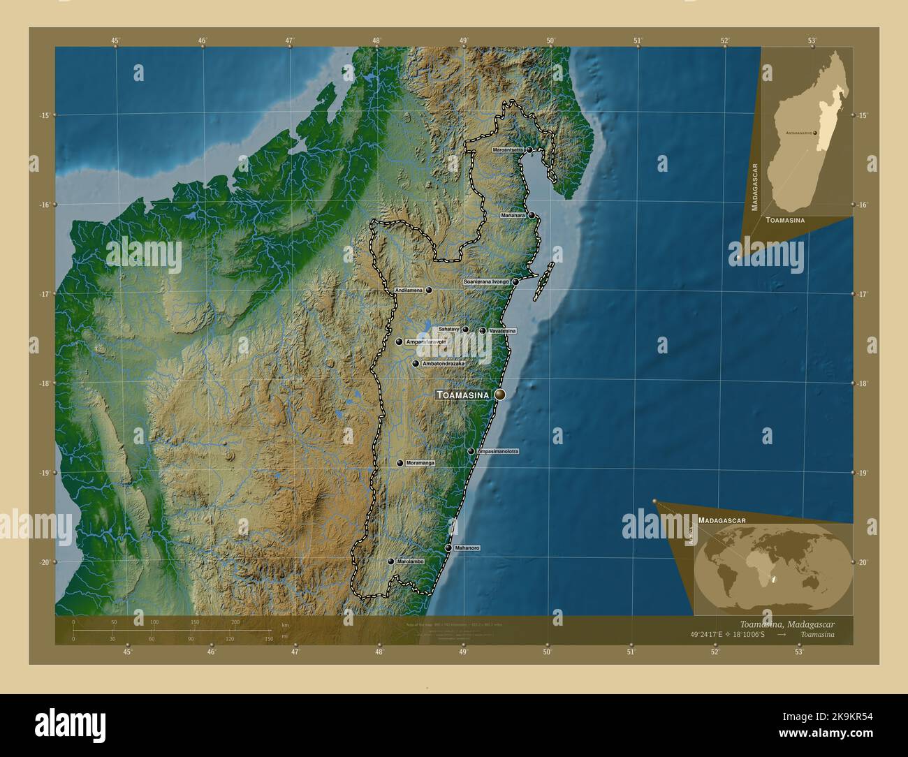Toamasina, autonomous province of Madagascar. Colored elevation map ...