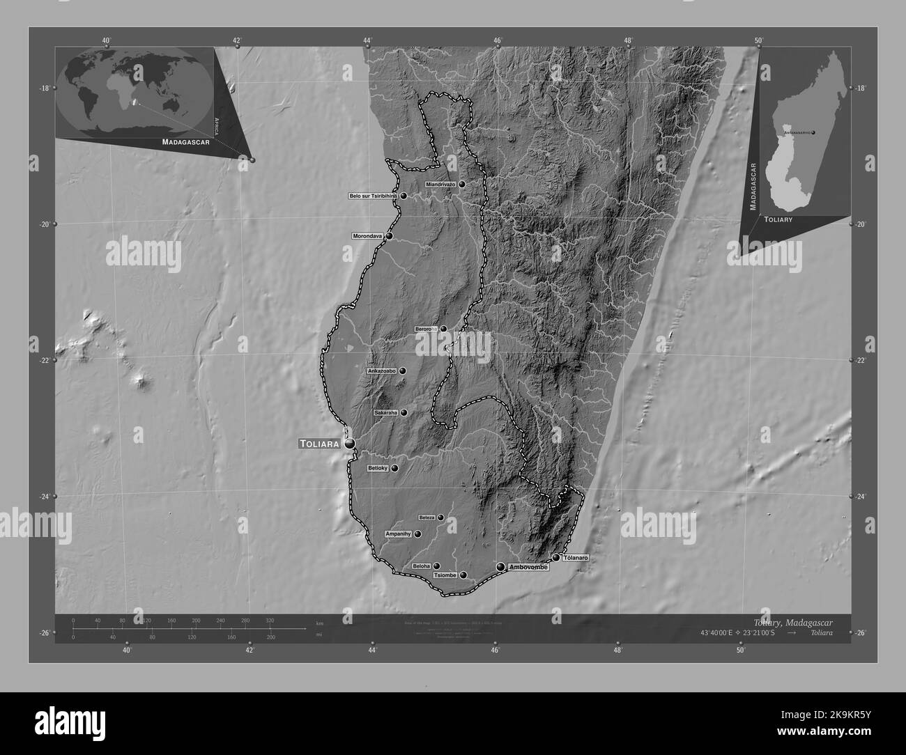 Toliary, autonomous province of Madagascar. Bilevel elevation map with ...