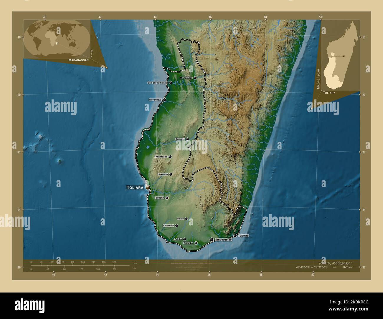 Toliary, autonomous province of Madagascar. Colored elevation map with ...