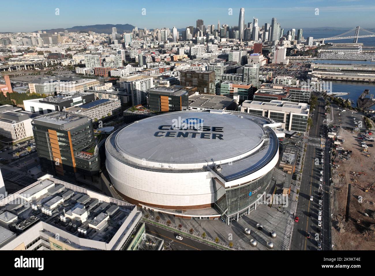A general overall aerial view of the Chase Center with the Bay Bridge ...