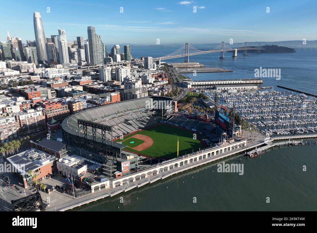 A general overall aerial view of Oracle Park with the Bay Bridge as a ...
