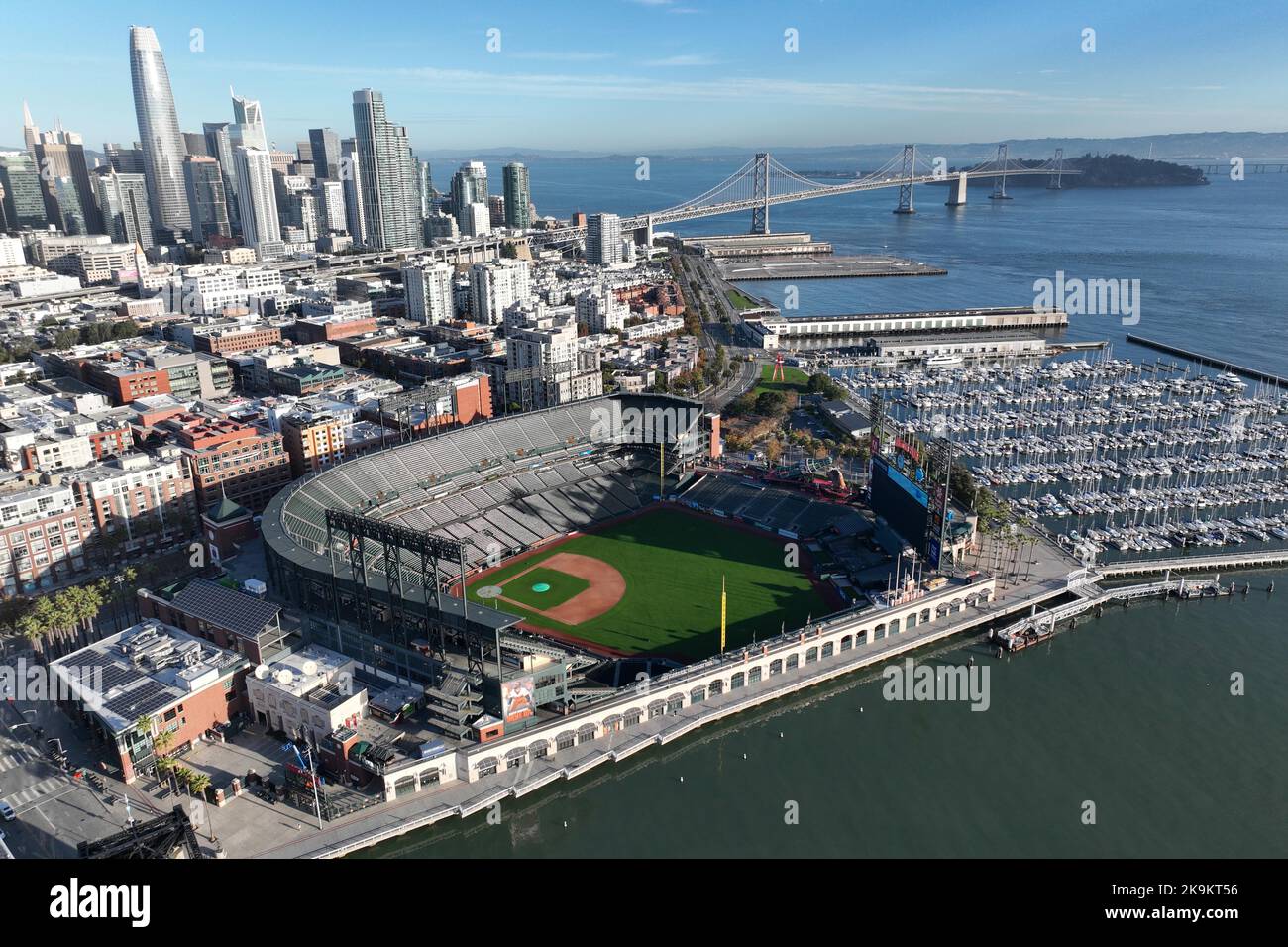 A general overall aerial view of Oracle Park with the Bay Bridge as a ...
