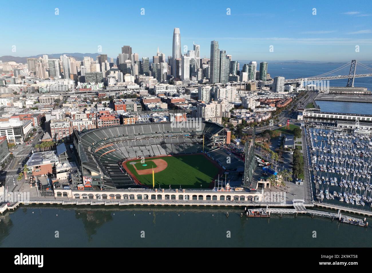A general overall aerial view of Oracle Park, Wednesday, Oct, 26, 2022 ...