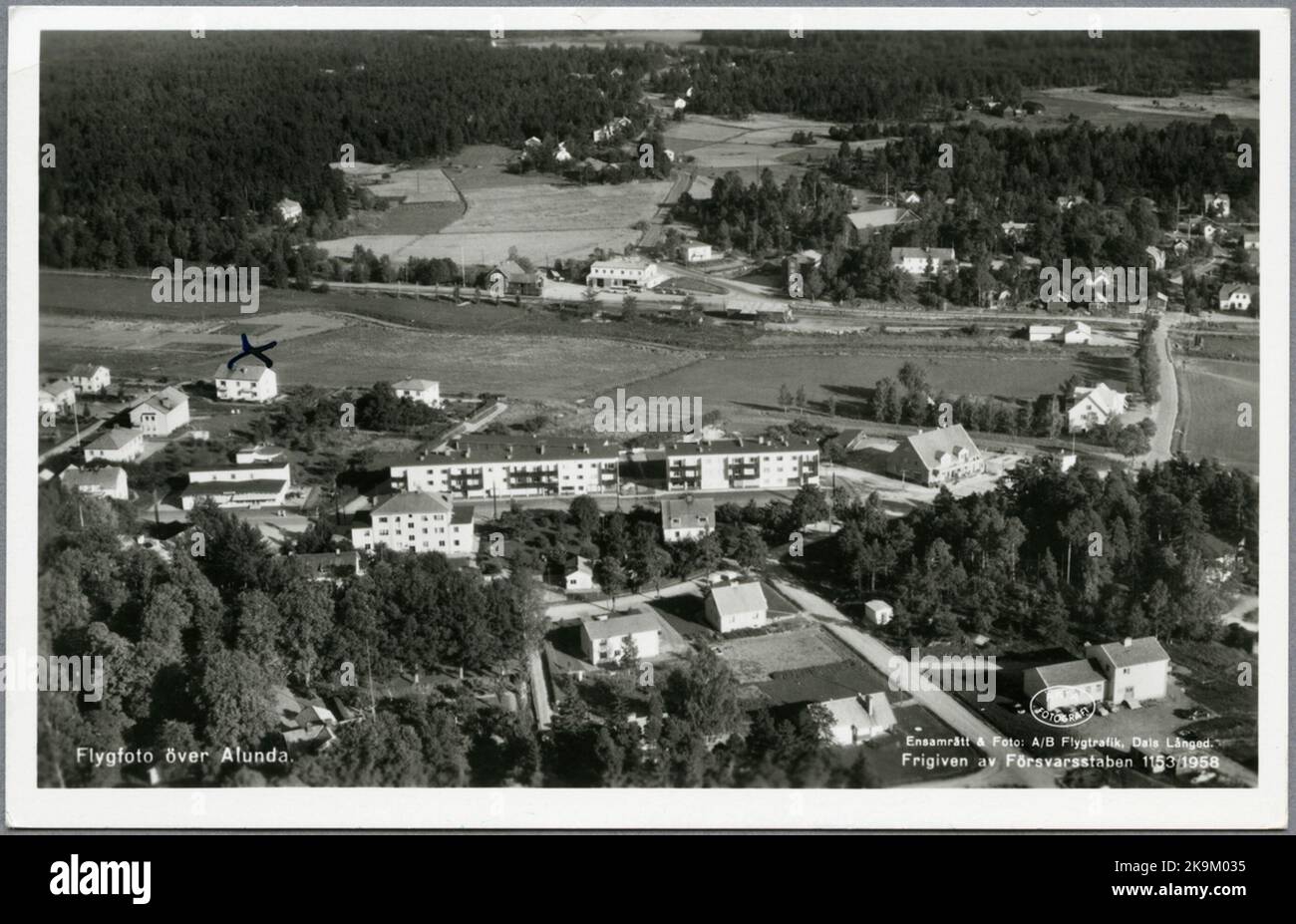 Aerial image over Alunda. The railway station is visible at the top of ...