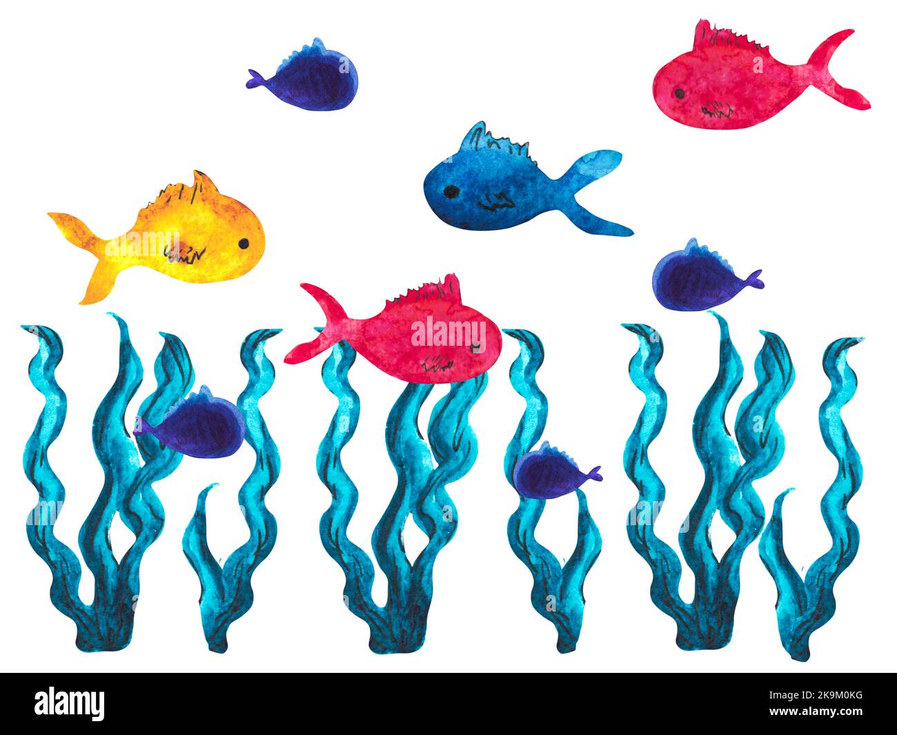 Sea fish illustration. Hand drawn watercolor. For printing on fabric ...