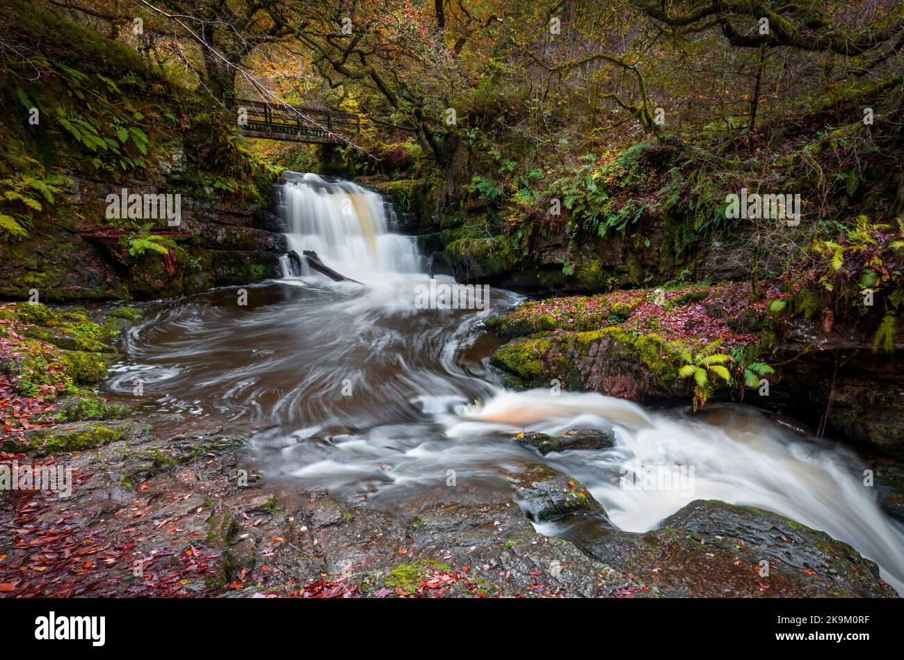 The Sychryd Cascades, a set of waterfalls near Dinas Rock in the Brecon ...