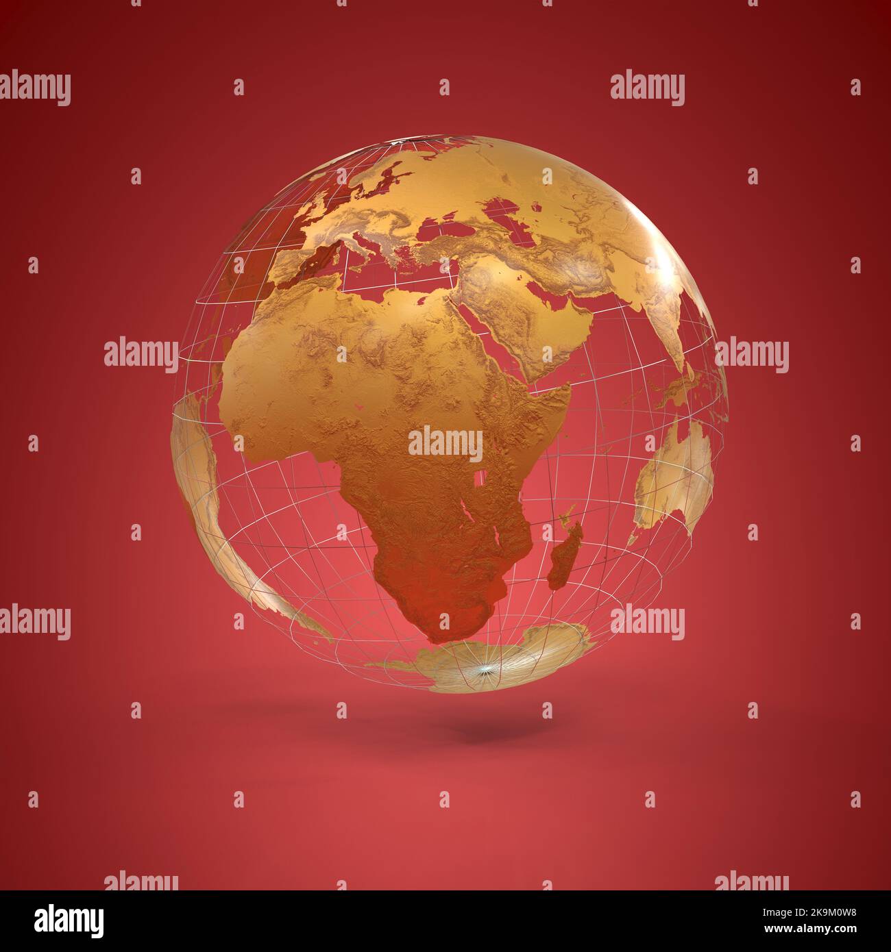 golden earth globe metallic finish red background - 3D rendering Stock ...