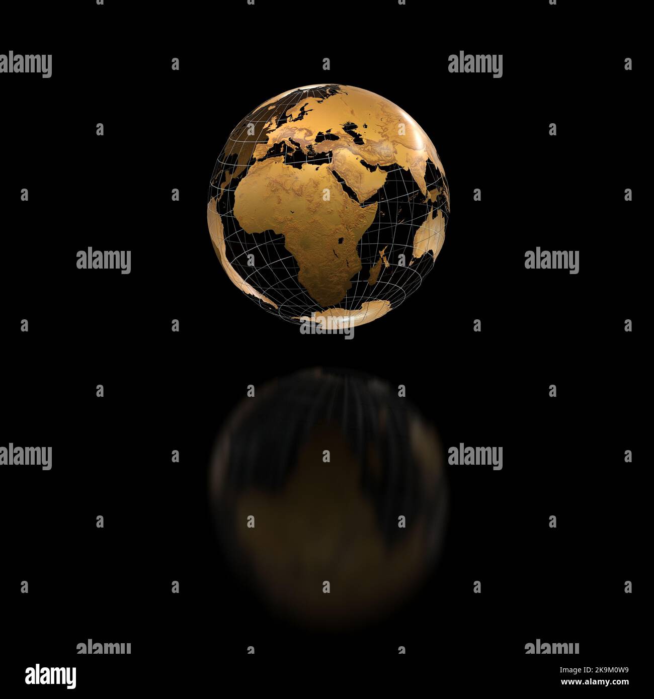 golden earth globe metallic finish black background - 3D rendering ...