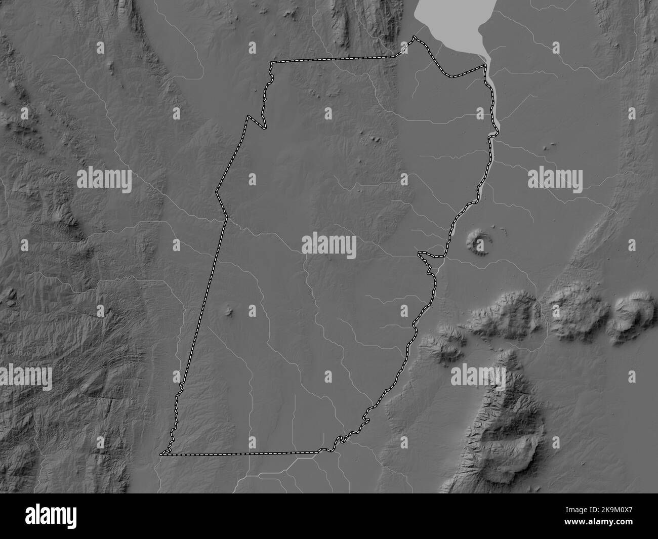 Balaka, district of Malawi. Grayscale elevation map with lakes and ...