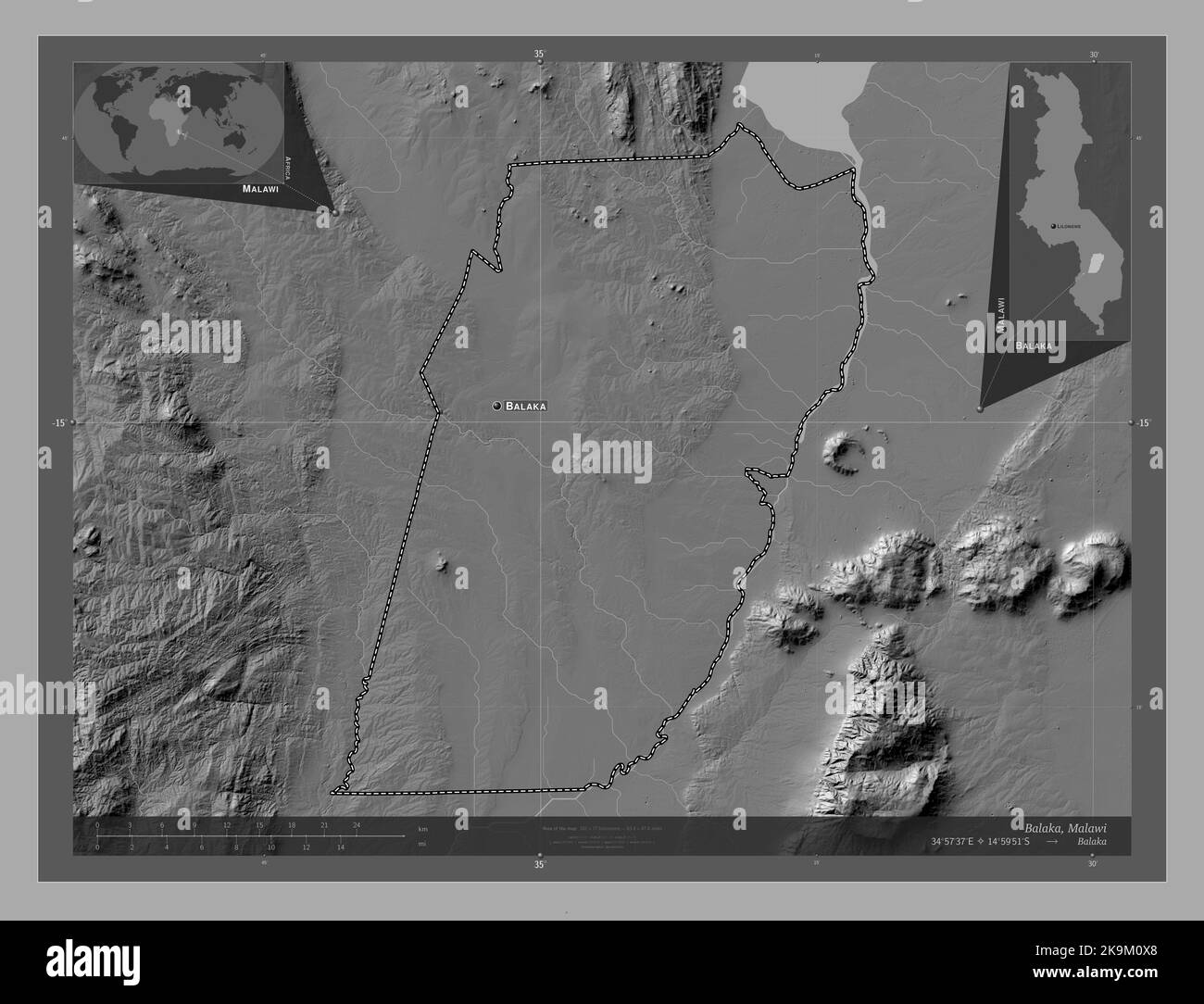 Balaka, district of Malawi. Bilevel elevation map with lakes and rivers ...