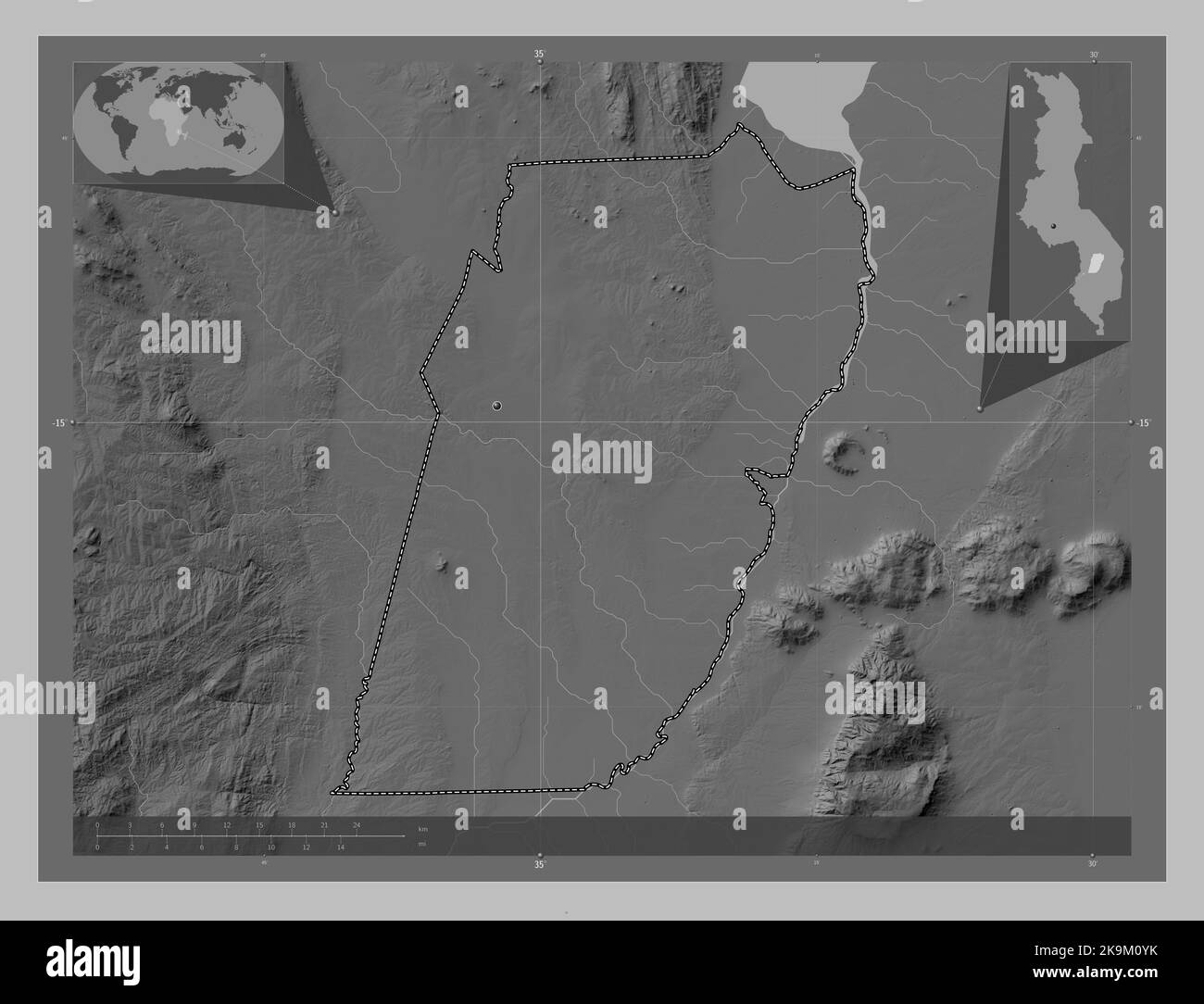 Balaka, district of Malawi. Grayscale elevation map with lakes and ...