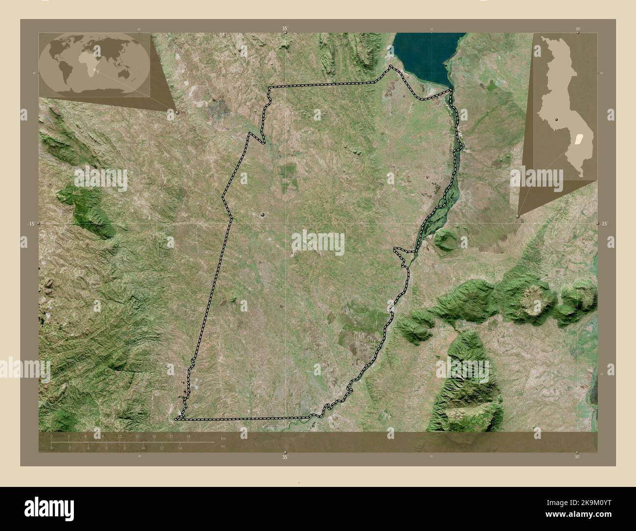 Balaka, district of Malawi. High resolution satellite map. Locations of ...