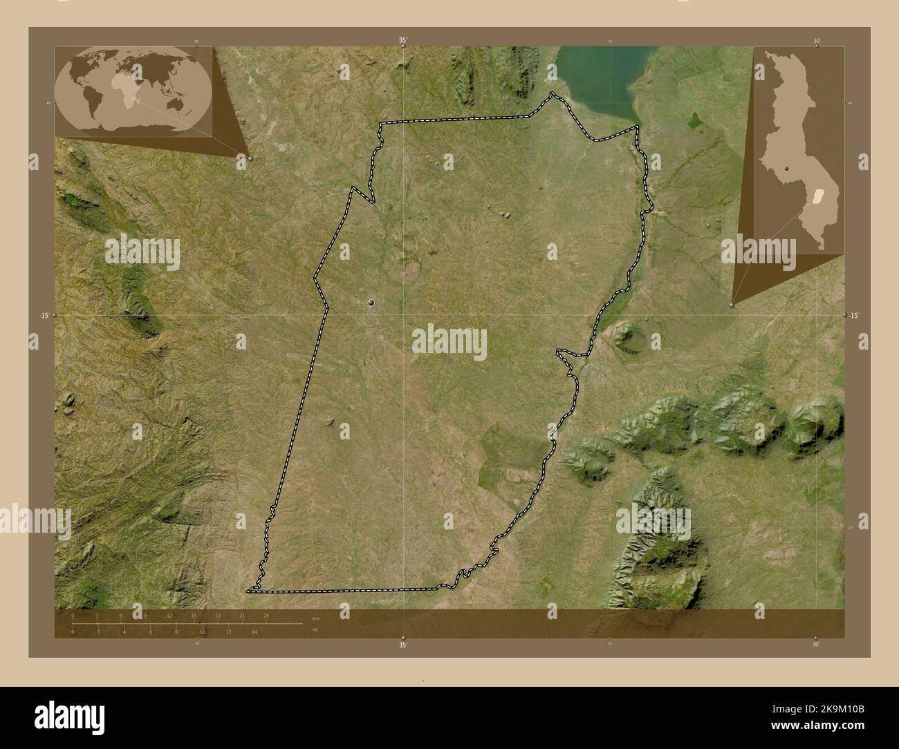 Balaka, district of Malawi. Low resolution satellite map. Locations of ...