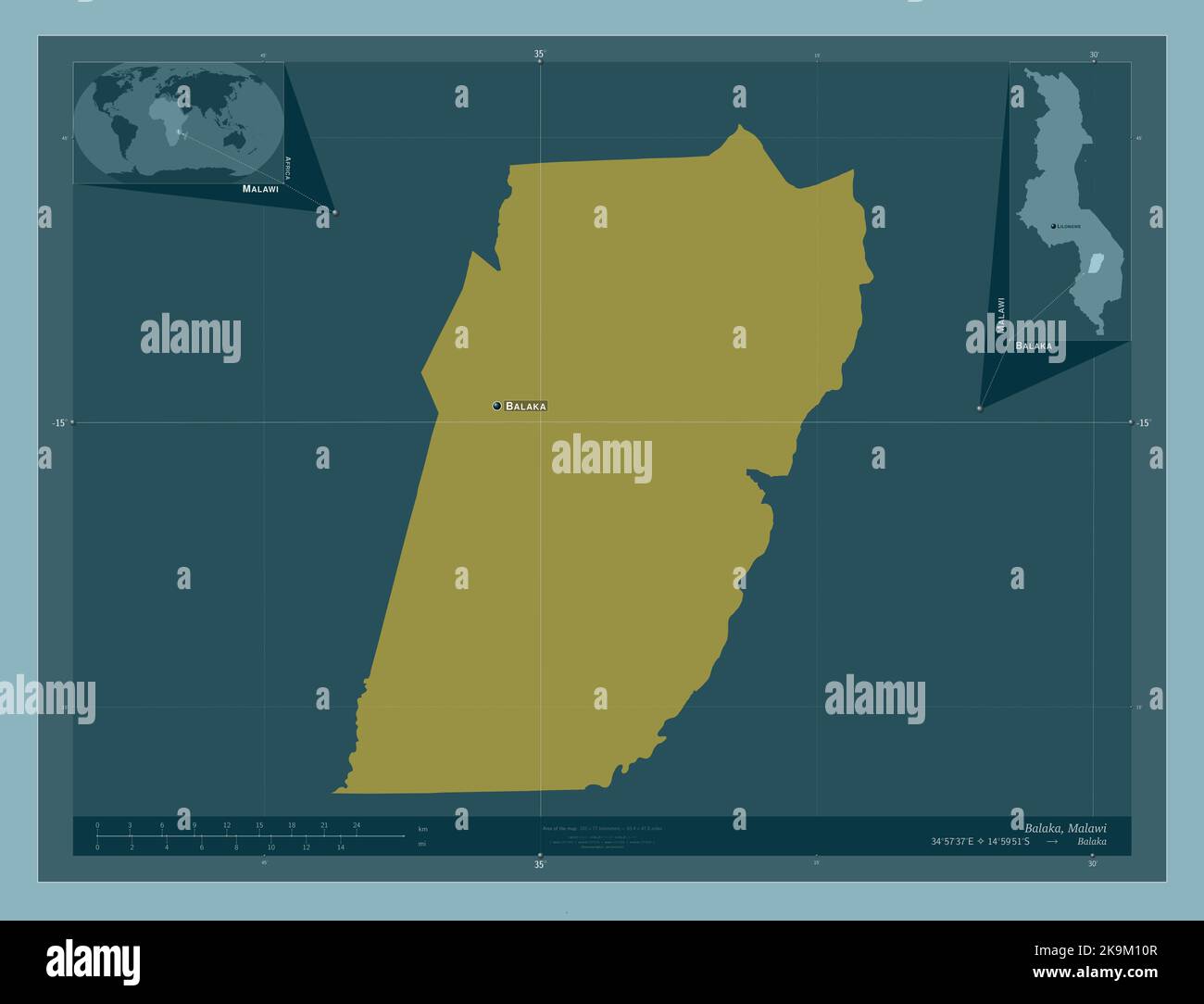 Balaka, district of Malawi. Solid color shape. Locations and names of ...