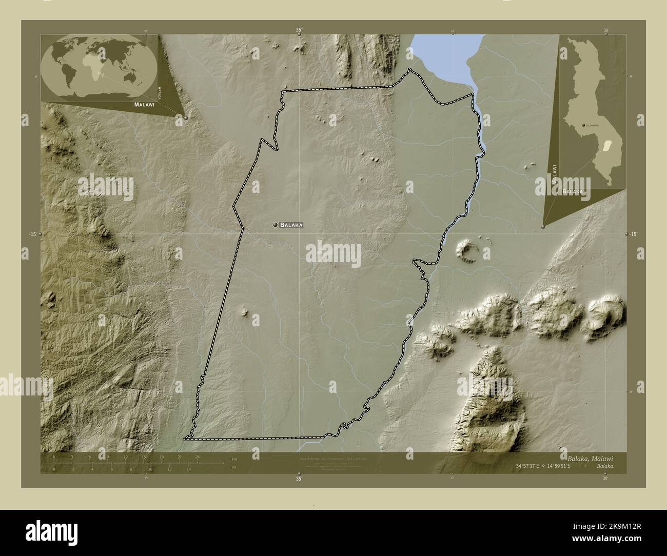 Balaka, district of Malawi. Elevation map colored in wiki style with ...