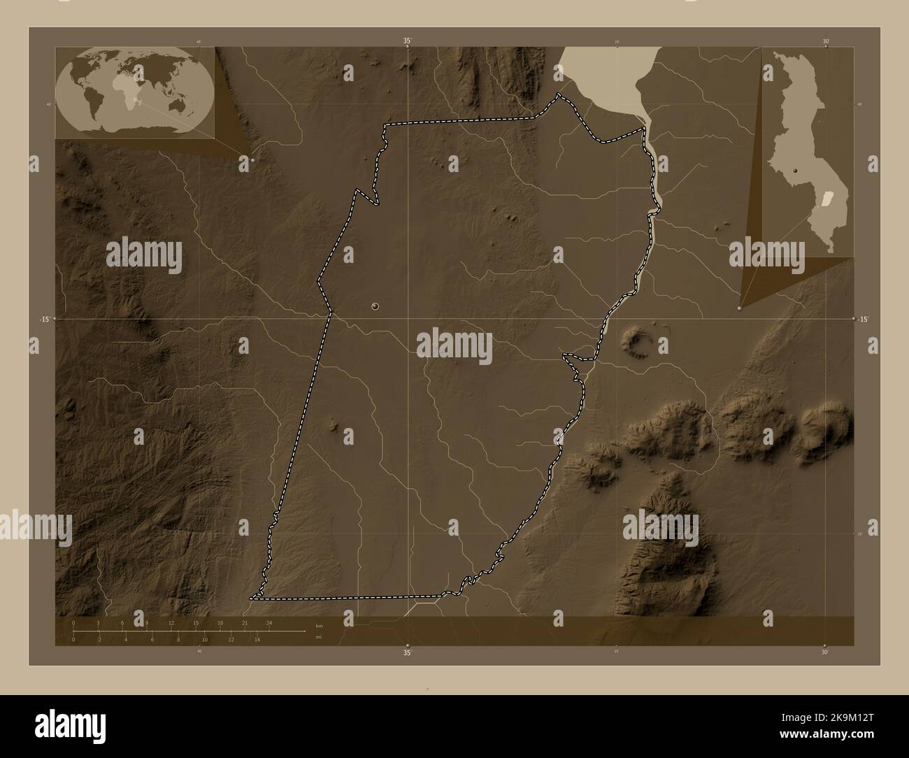 Balaka, district of Malawi. Elevation map colored in sepia tones with ...
