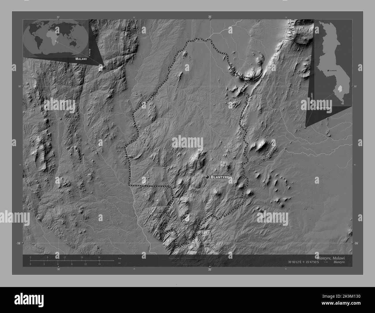 Blantyre, district of Malawi. Bilevel elevation map with lakes and ...