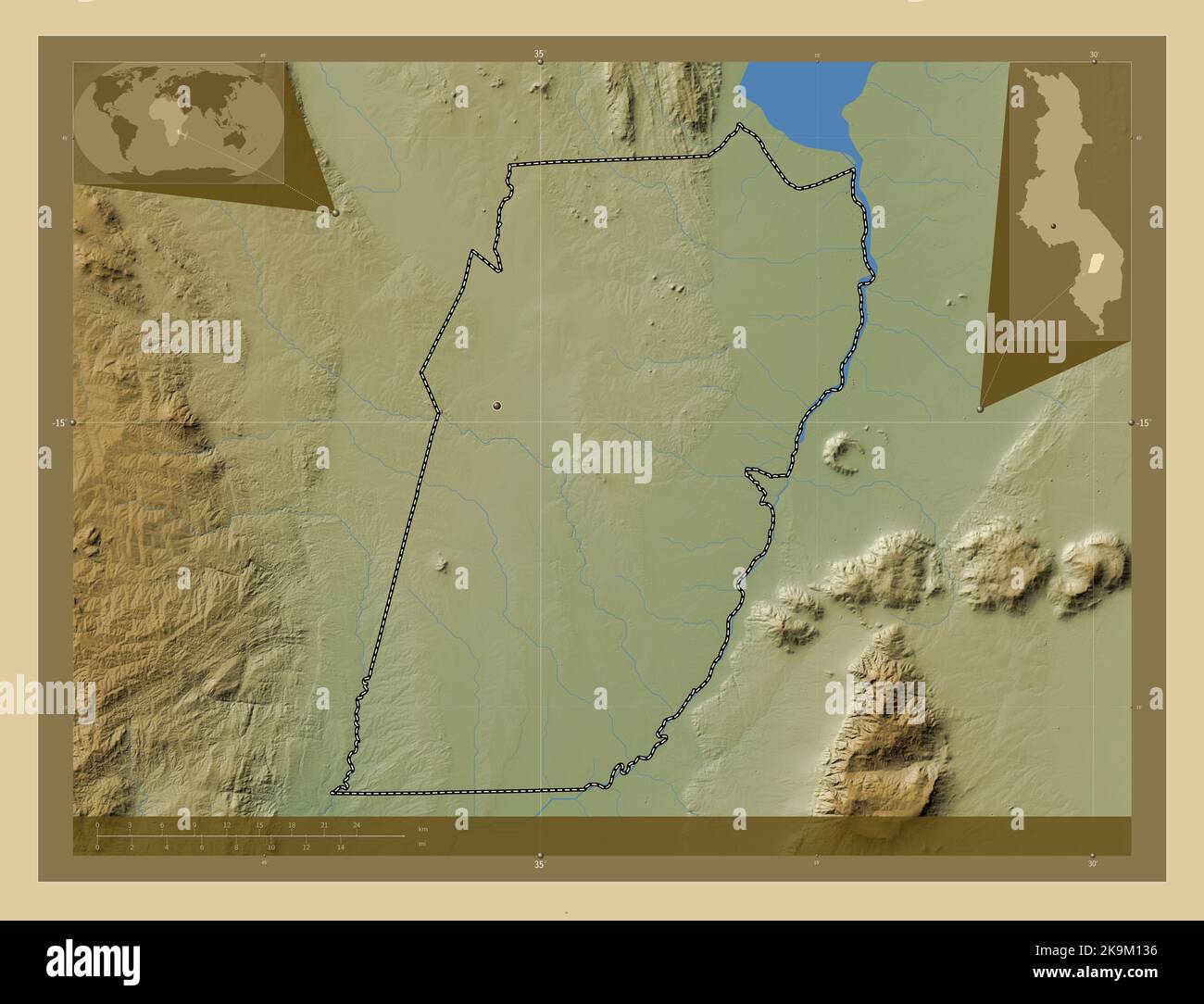 Balaka, district of Malawi. Colored elevation map with lakes and rivers ...