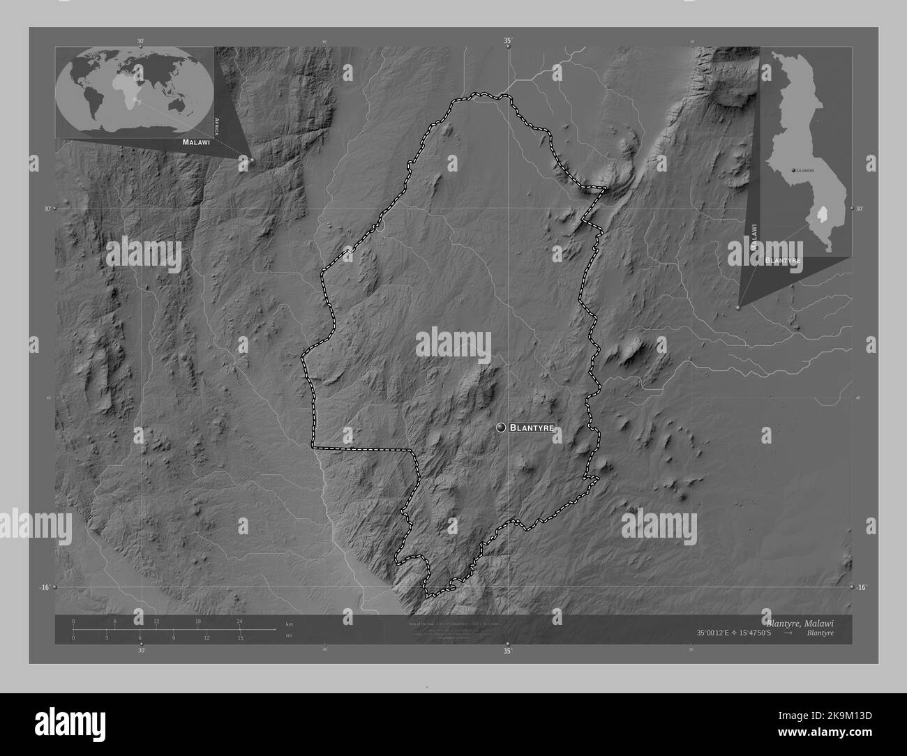 Blantyre, district of Malawi. Grayscale elevation map with lakes and ...