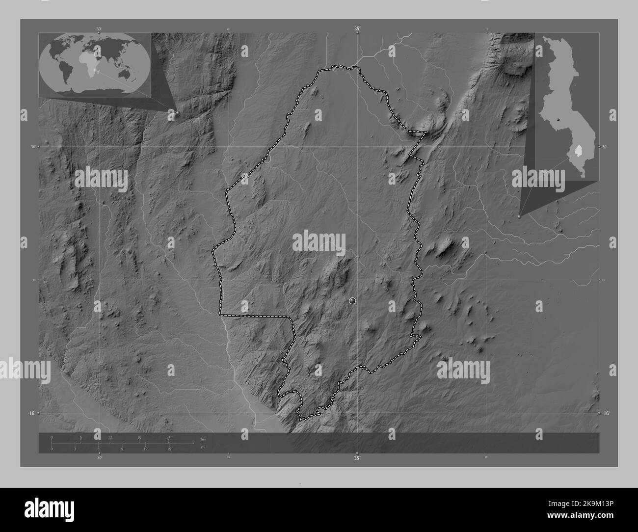 Blantyre, district of Malawi. Grayscale elevation map with lakes and ...