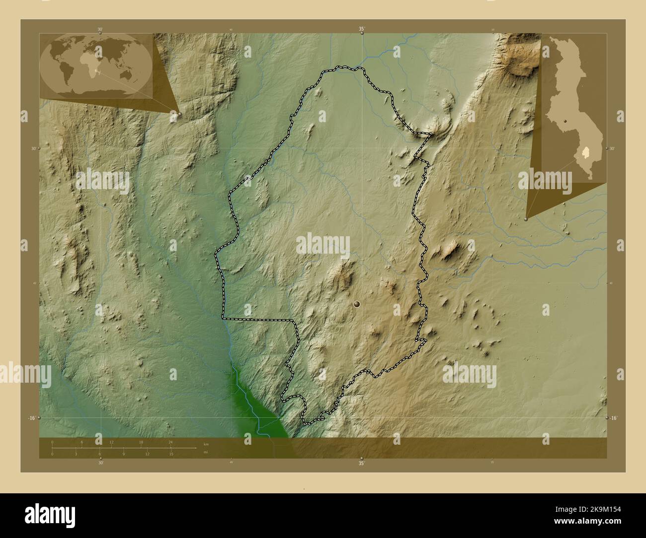 Blantyre, district of Malawi. Colored elevation map with lakes and ...