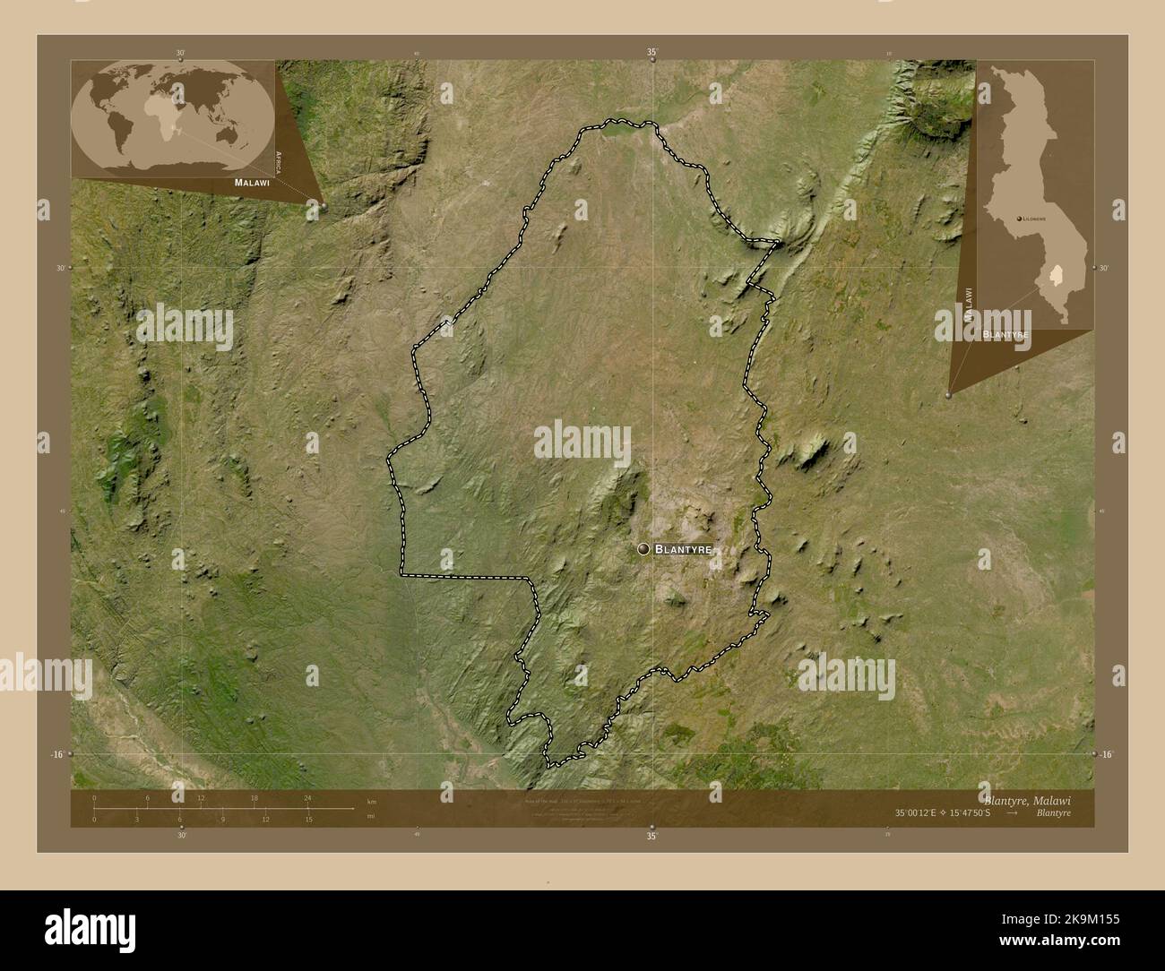 Blantyre, district of Malawi. Low resolution satellite map. Locations ...