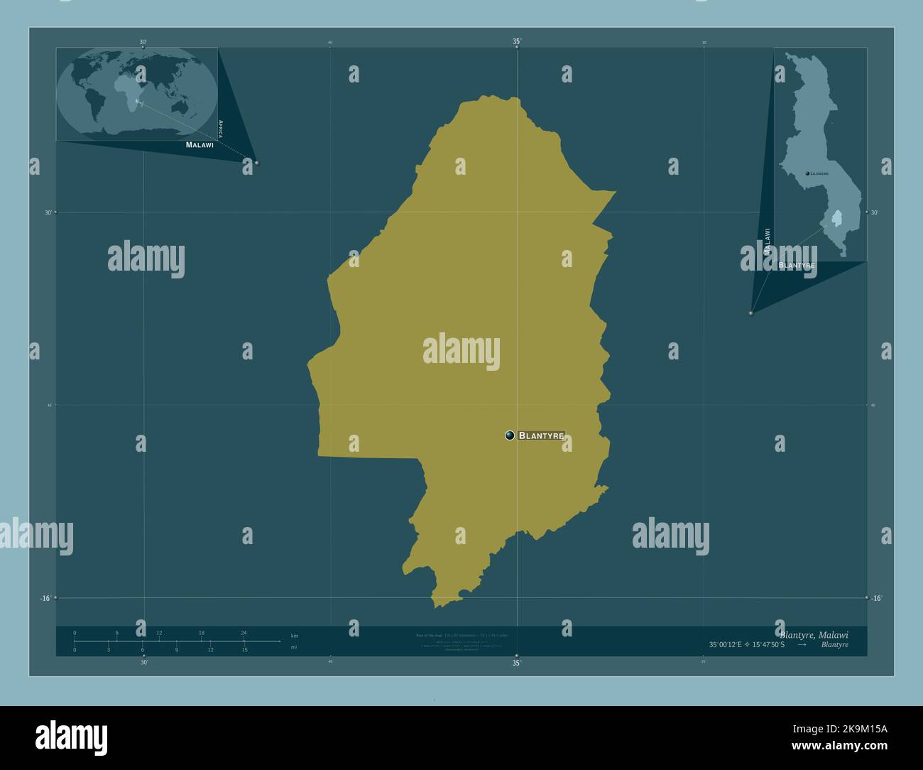 Blantyre, district of Malawi. Solid color shape. Locations and names of ...