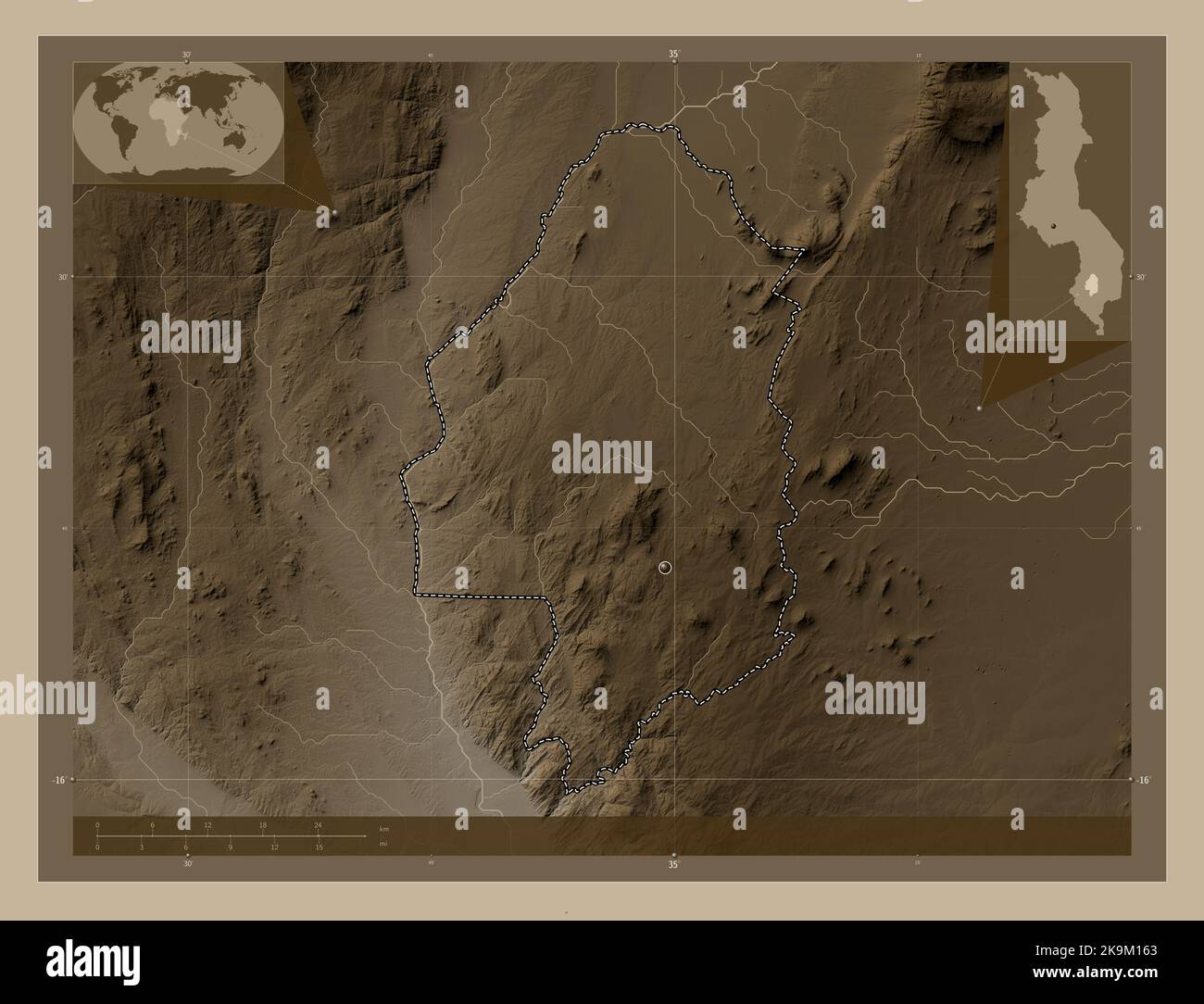 Blantyre, district of Malawi. Elevation map colored in sepia tones with ...