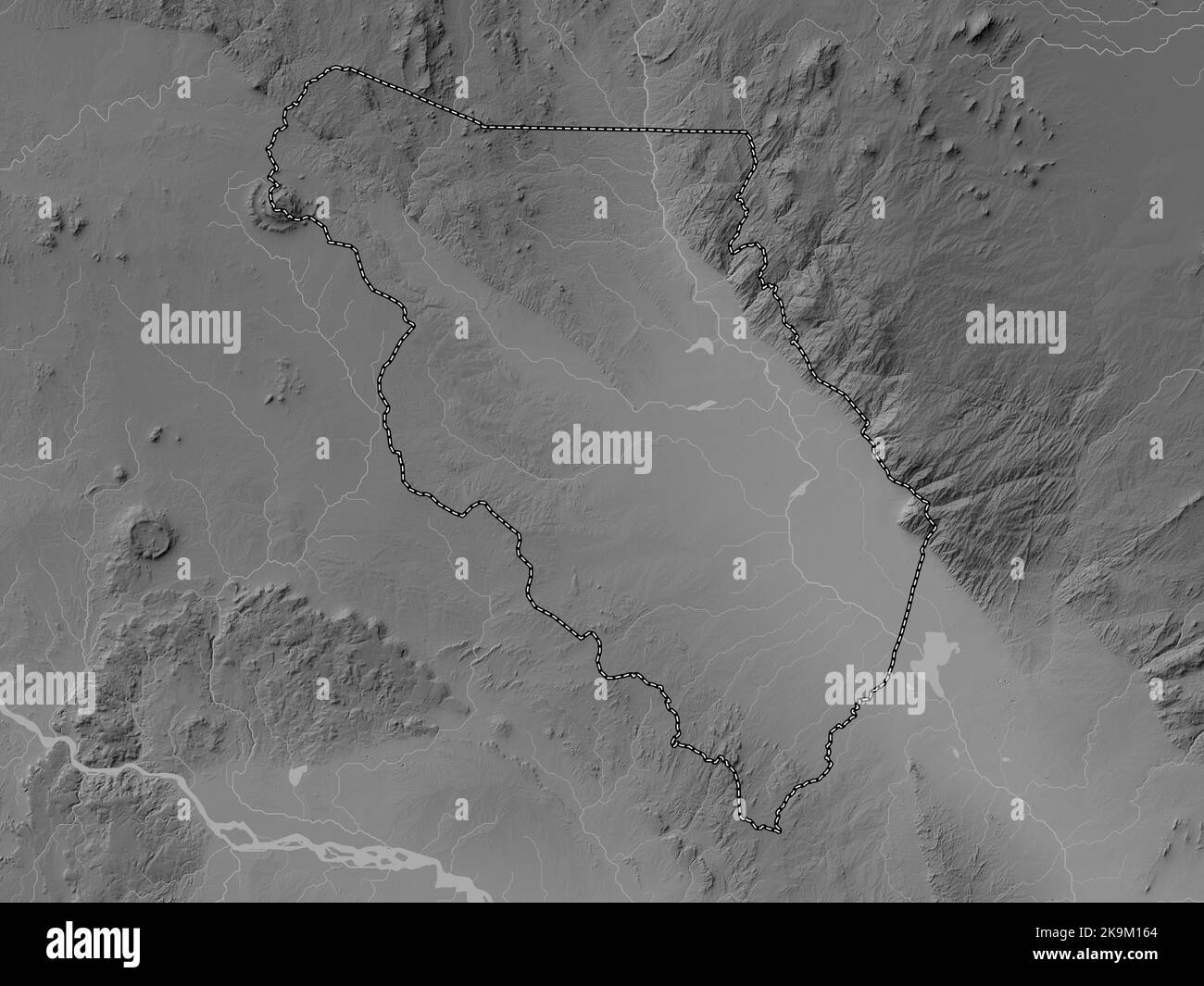 Chikwawa, district of Malawi. Grayscale elevation map with lakes and ...