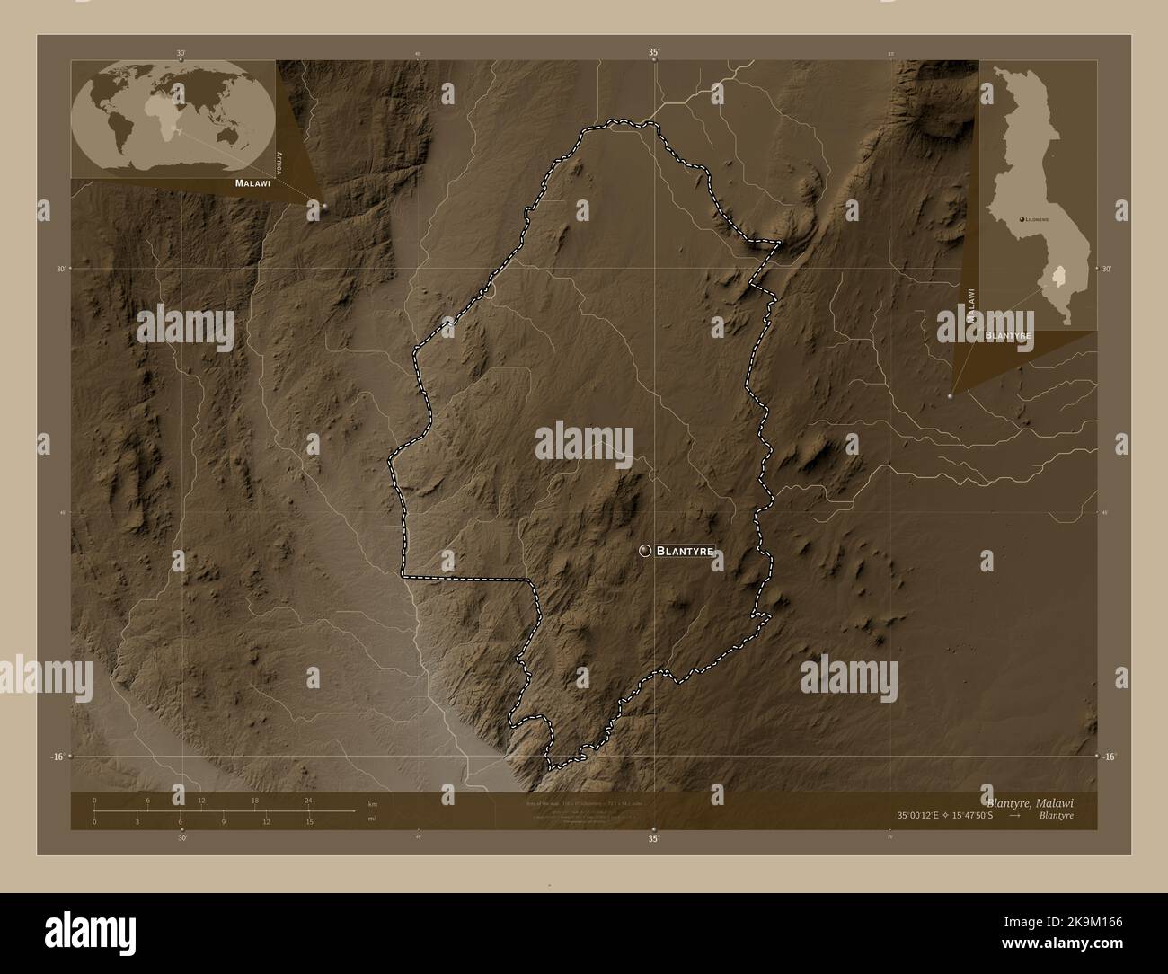 Blantyre, district of Malawi. Elevation map colored in sepia tones with ...