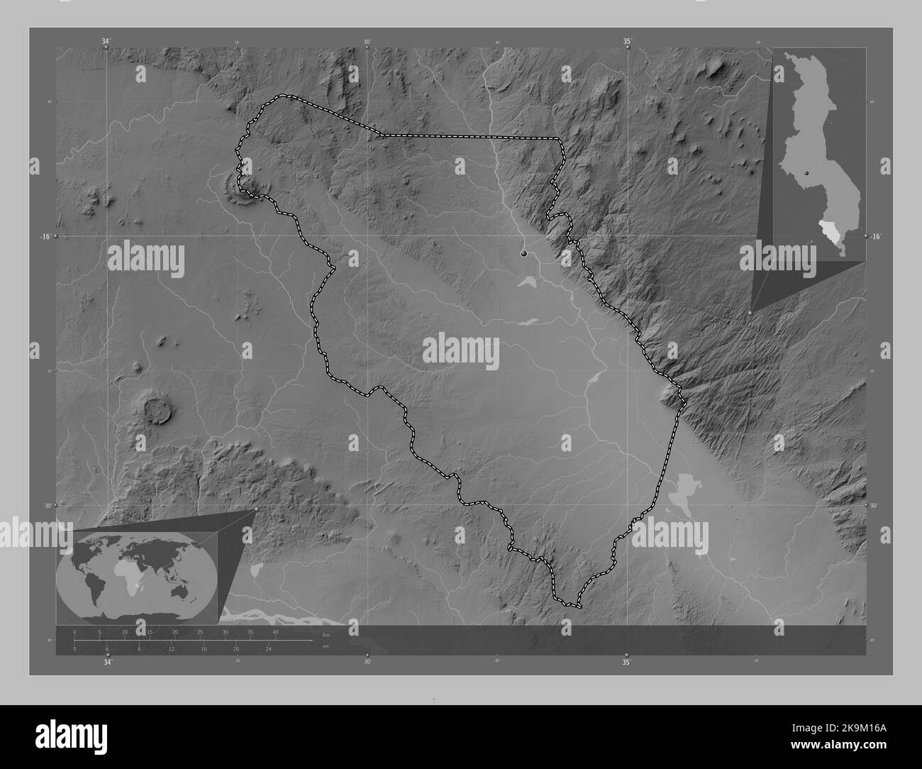 Chikwawa, district of Malawi. Grayscale elevation map with lakes and ...