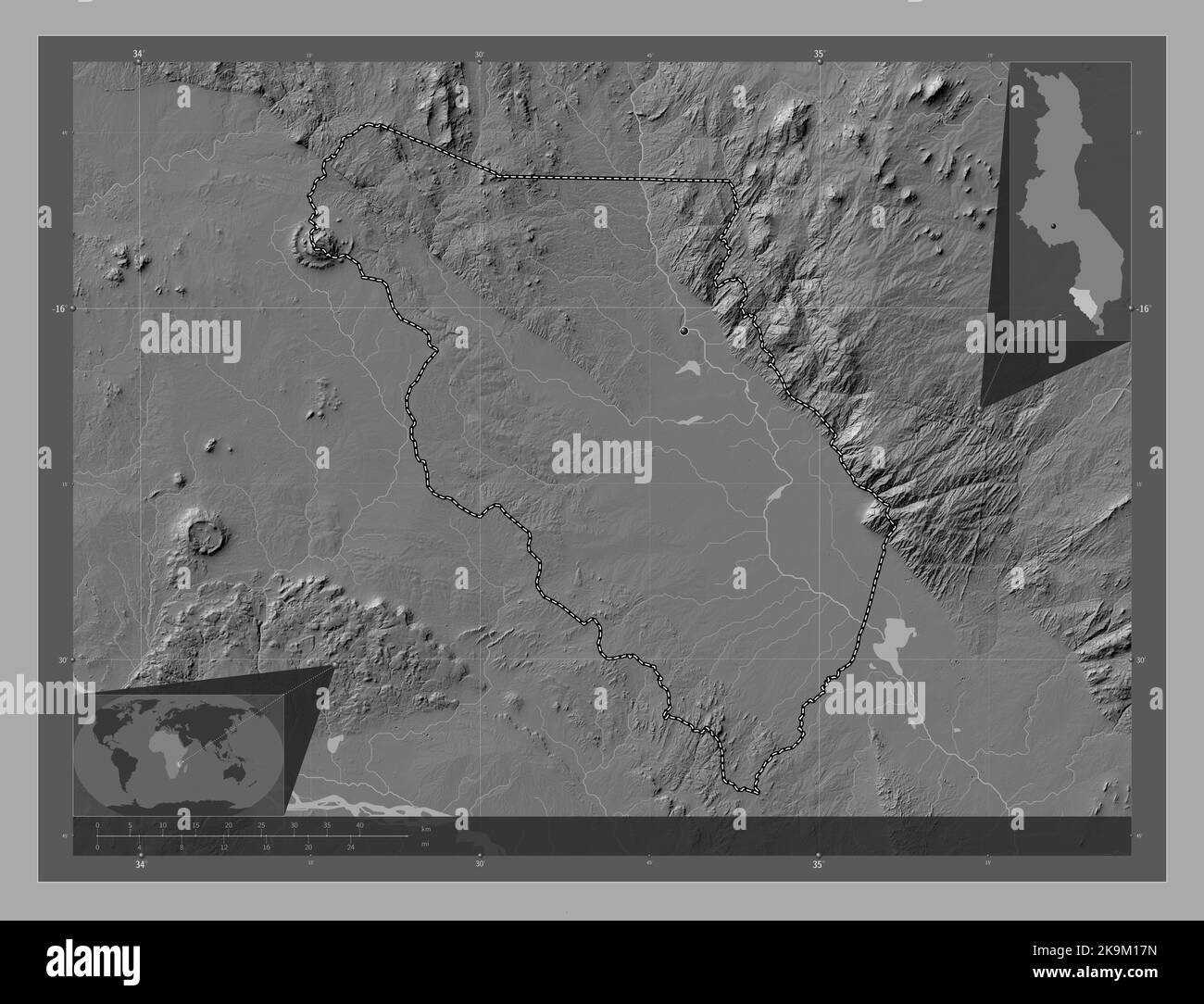 Chikwawa, district of Malawi. Bilevel elevation map with lakes and ...