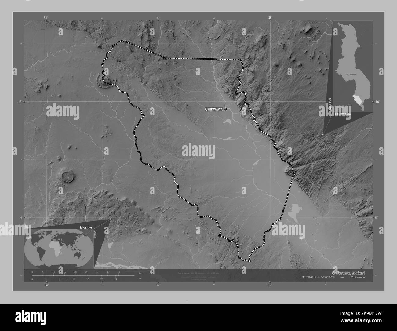 Chikwawa, district of Malawi. Grayscale elevation map with lakes and ...