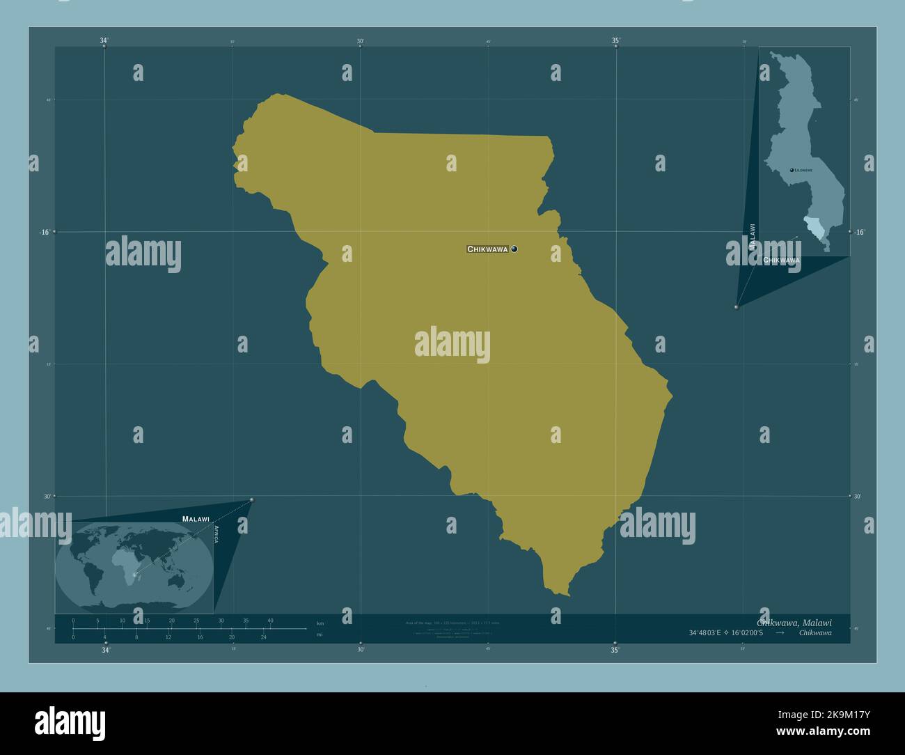 Chikwawa, district of Malawi. Solid color shape. Locations and names of ...