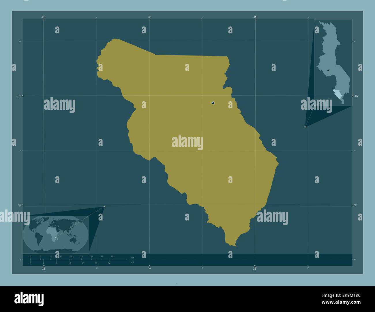 Chikwawa, district of Malawi. Solid color shape. Corner auxiliary ...
