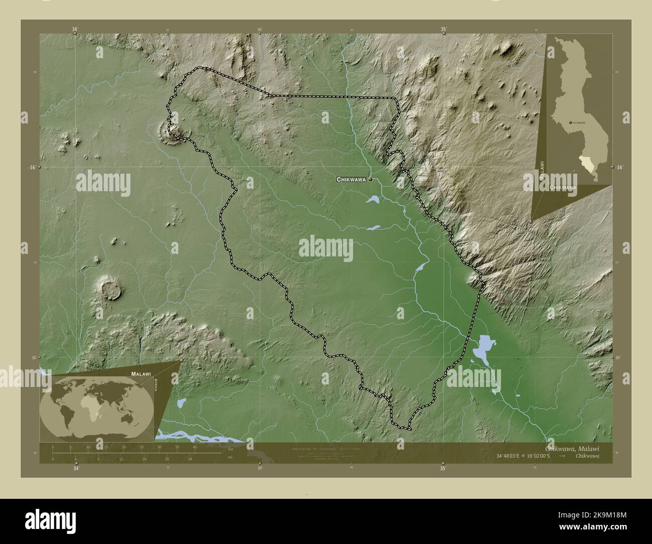 Chikwawa, district of Malawi. Elevation map colored in wiki style with ...
