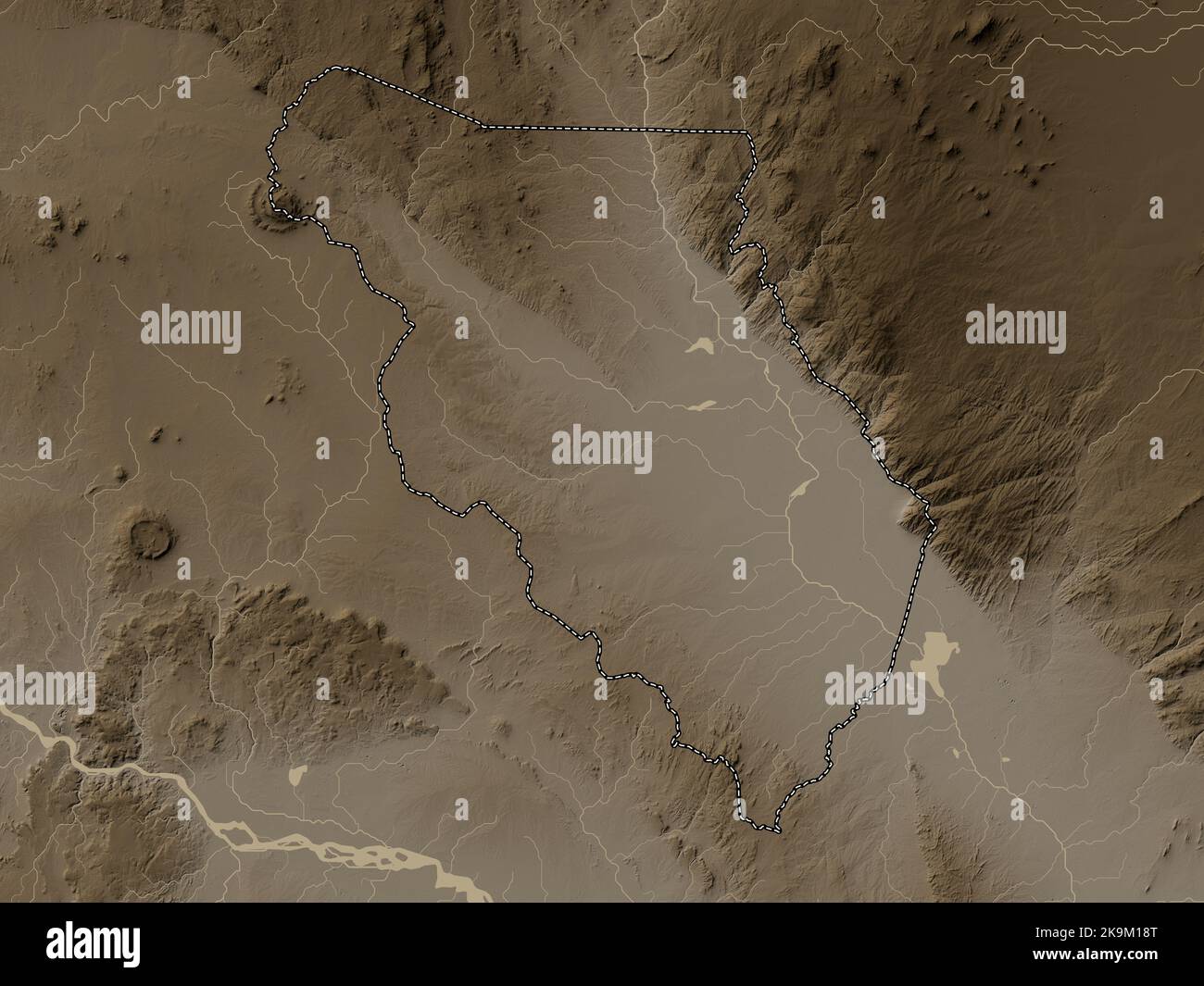 Chikwawa, district of Malawi. Elevation map colored in sepia tones with ...