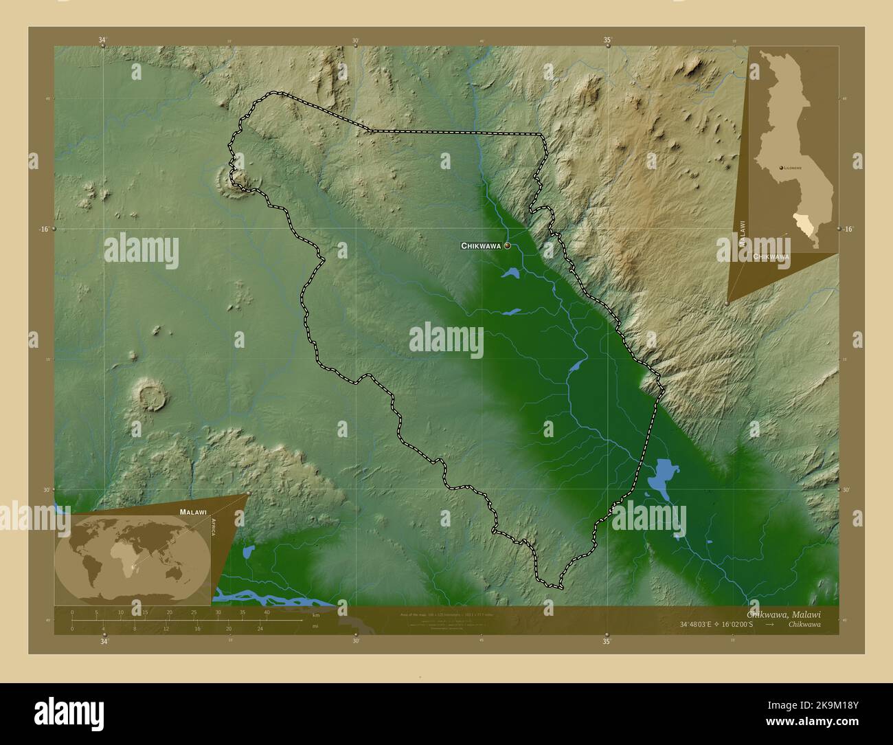 Chikwawa, district of Malawi. Colored elevation map with lakes and ...