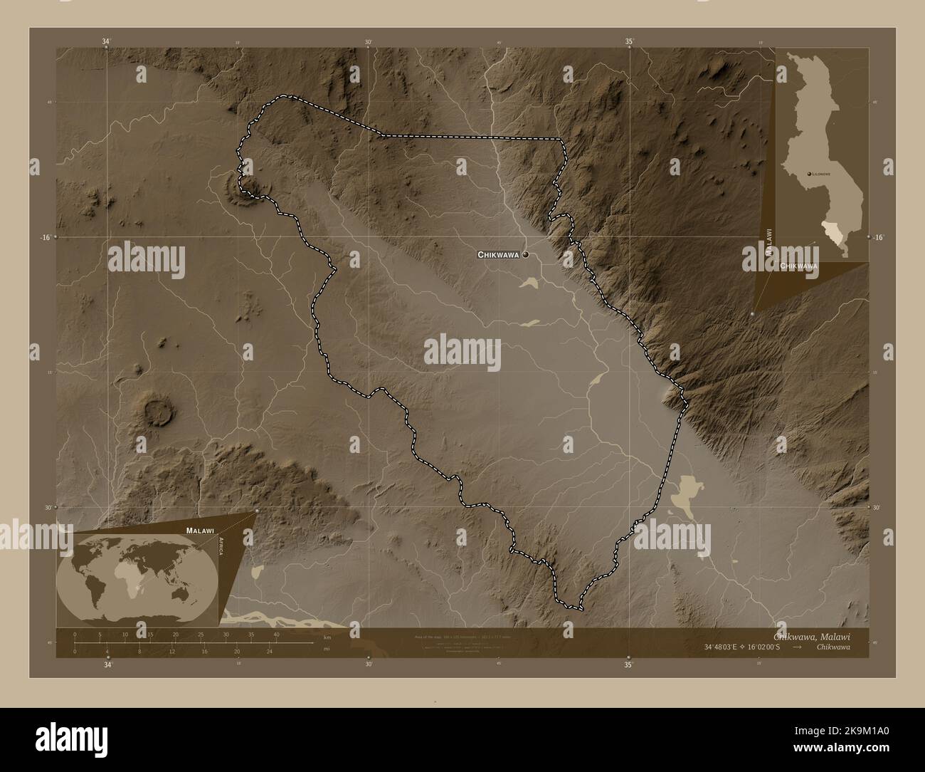 Chikwawa, district of Malawi. Elevation map colored in sepia tones with ...